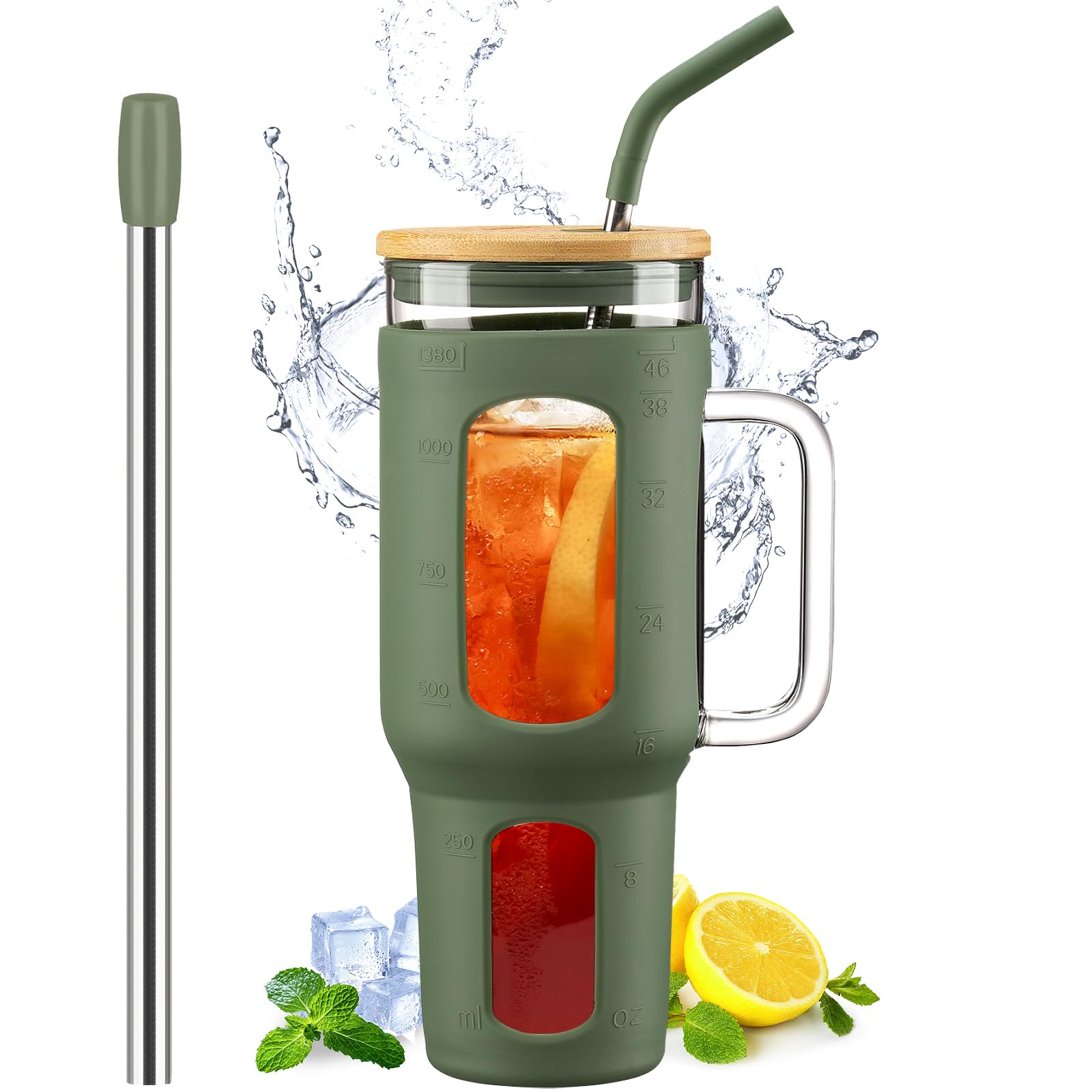 WINSA Glass Tumbler with Lid and Straw, 46 oz Iced Coffee Cup with Handle, Glass Water Bottles with Silicone Sleeve, Glass Cup with Straws - Pearl Straw & Drinking Straw BPA Free-Olive