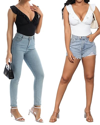 Donnalla Women’s Sexy Deep V Neck Ruffle Sleeveless Backless Double Lined Thong Tank Bodysuits Tops