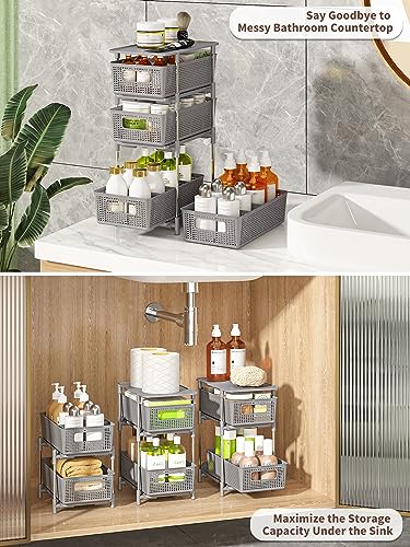 LIWAKA 2 Pcs 4 Tier Bathroom Cabinet Organizer,Pull Out Storage Organizer Under Sink Organizers with Dividers,Medicine Pantry Organization and Storage,Grey