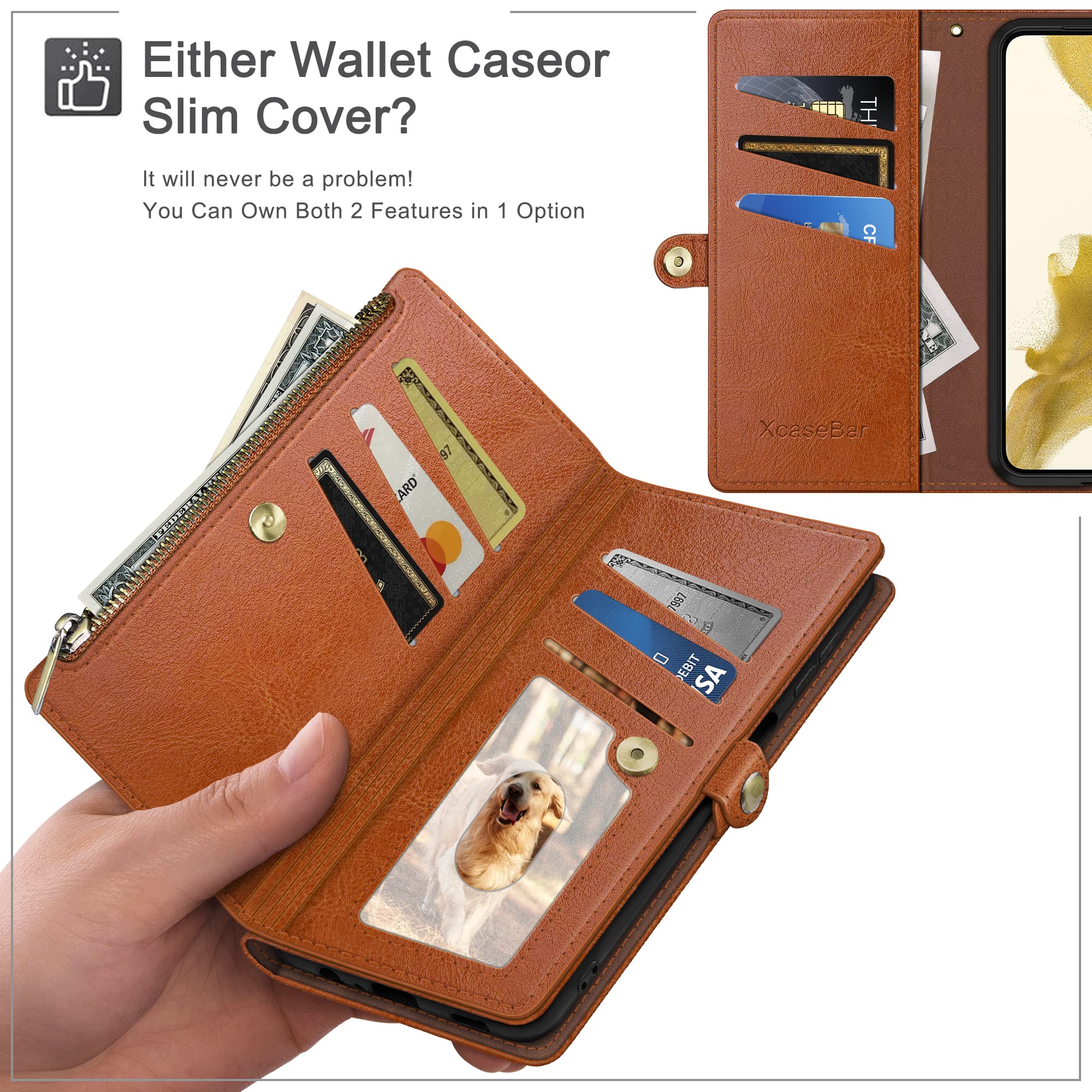 XcaseBar for Samsung Galaxy S21 Ultra Wallet case with Zipper Credit Card Holder【RFID Blocking】, Flip Folio Book PU Leather Phone case Shockproof Cover Women Men for Samsung S21Ultra case Light Brown