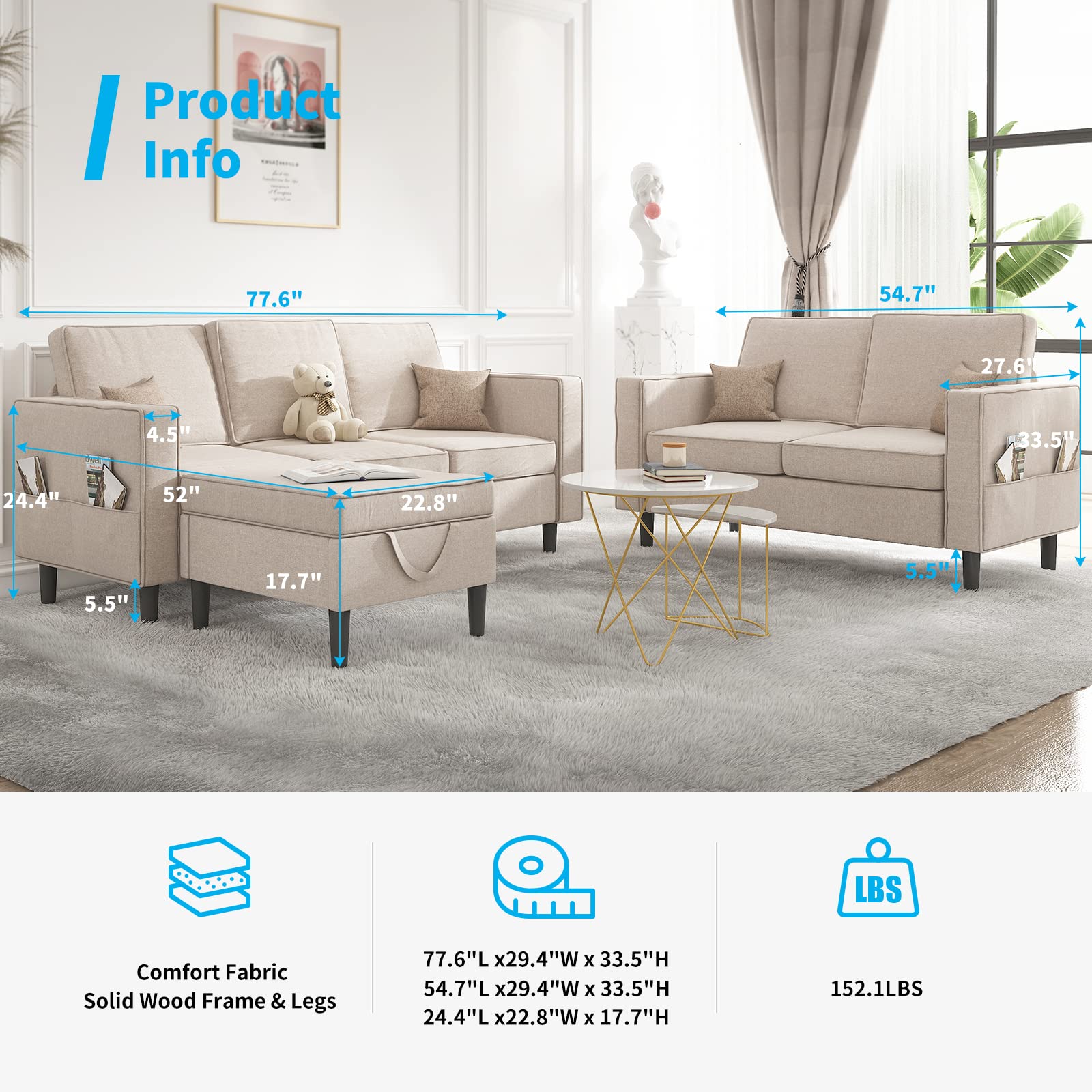 Mjkone 3 Pcs Sectional Sofa Couch Set with Solid Wooden Legs, Modern Couch Sets with Storage Ottoman, Sofa and Loveseat Set with 8 Side Pockets, Living Room Furniture Set for Living Room (Beige)
