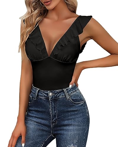 Donnalla Women’s Sexy Deep V Neck Ruffle Sleeveless Backless Double Lined Thong Tank Bodysuits Tops