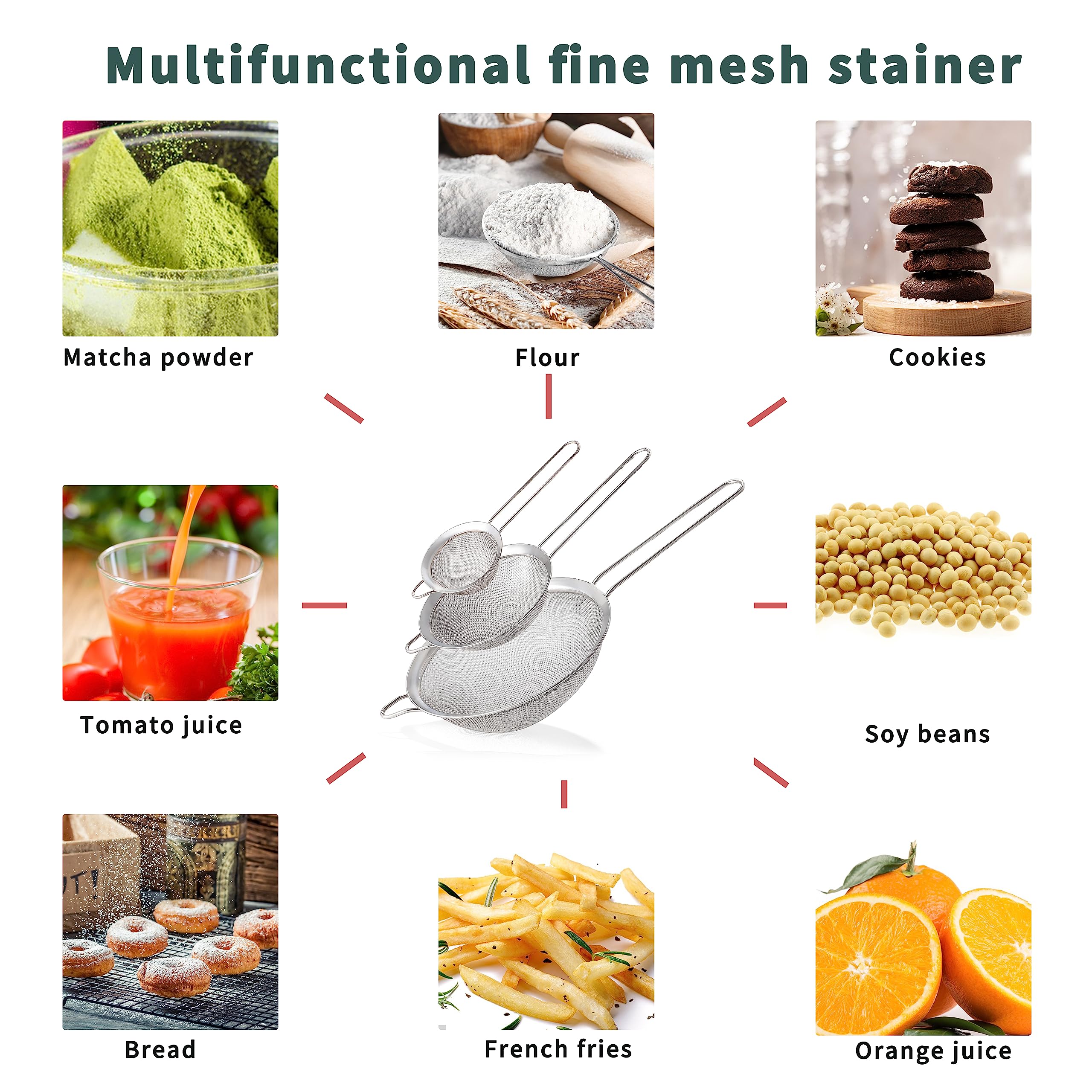 3PCS Fine Mesh Strainers Set, Little Cook Stainless Steel Colanders and Sifters with Sturdy Handle, Perfect for Sift, Strain, Drain and Rinse Vegetables, Pastas and Tea(Large + Medium + Small,3PCS)