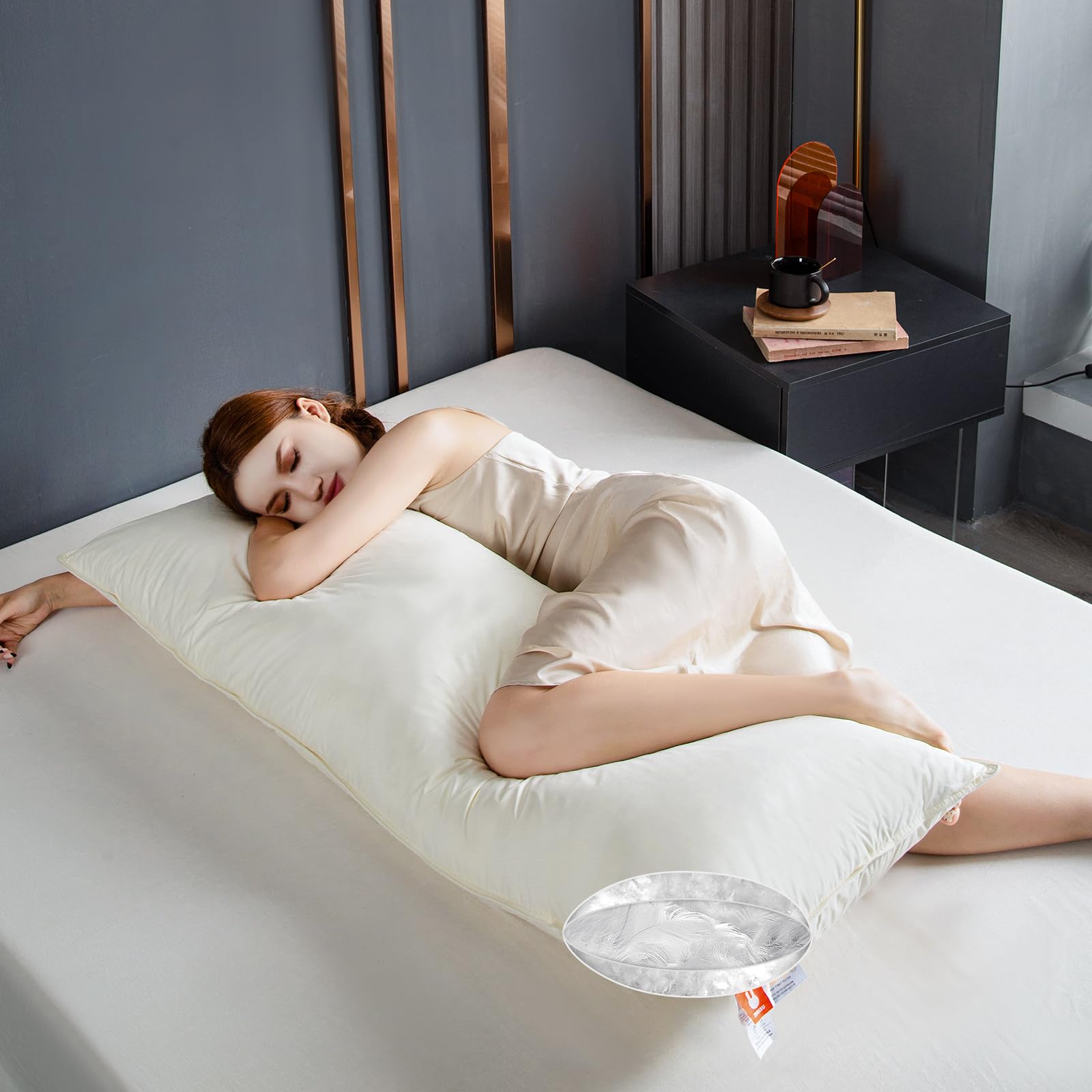 Goose Down Body Pillow Firm Body Pillows for Adults Large Long Hugging Pillow Insert for Side Sleepers, Breathable Full Body Pillow for Bed Sleeping with 100% Organic Cotton Downproof Shell