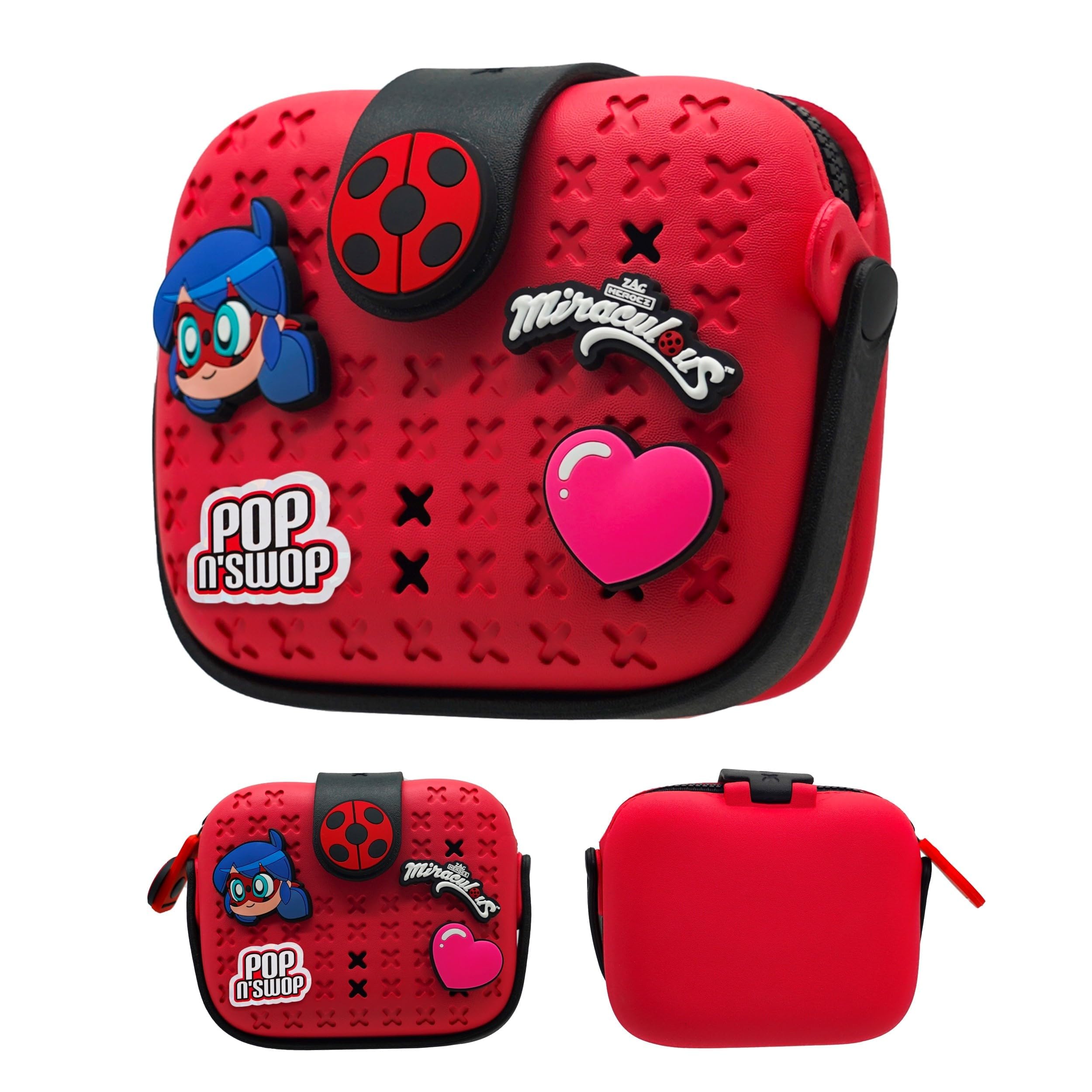 Miraculous Ladybug Pop n' Swop Red Mini Handbag, Customizable Bag 4 Clip-on Badges, Accessory Bag, Lightweight Durable Waterproof Handbag - Gift for Girls and Kids (Ladybug)