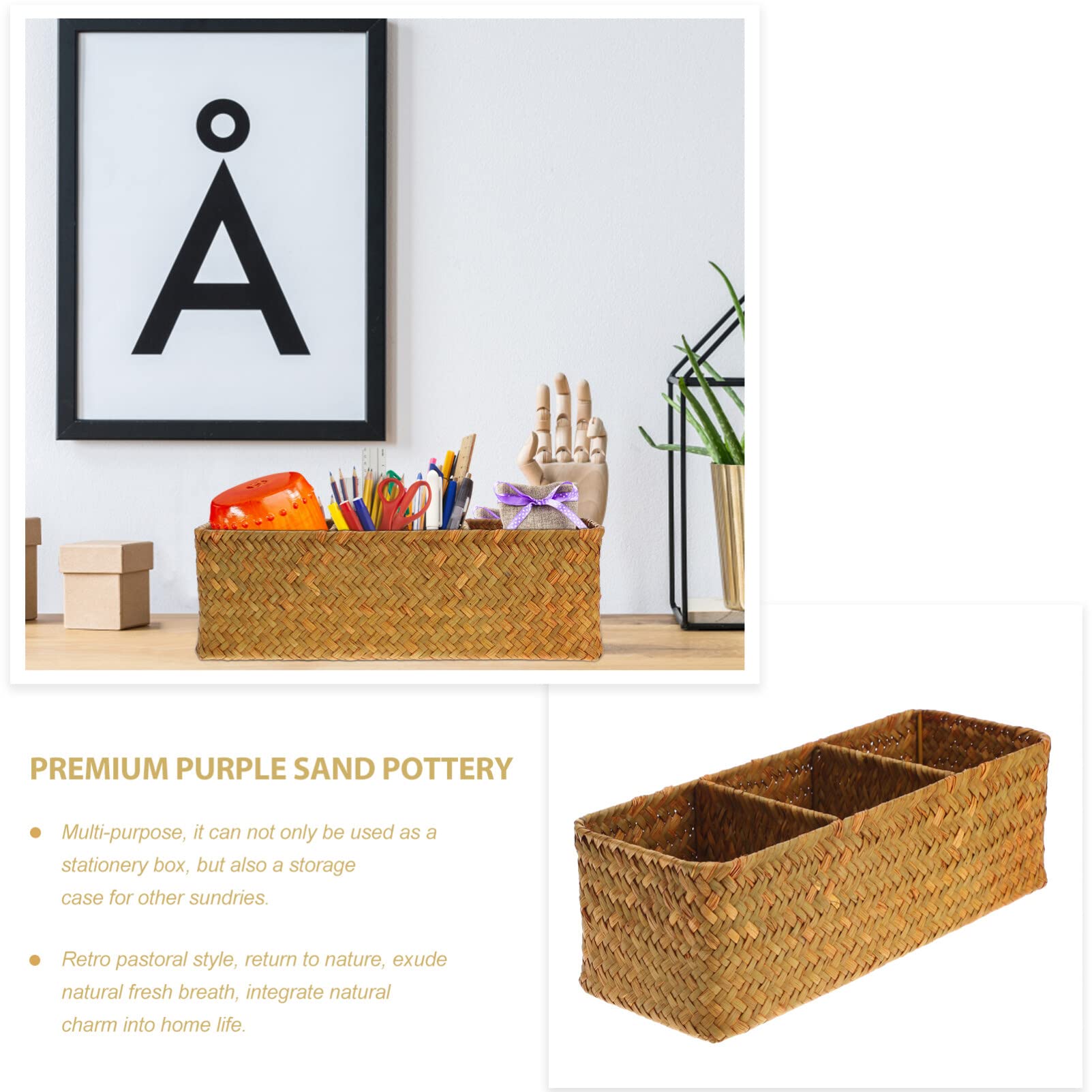 Seagrass Storage Basket 3 Divided Handmade Wicker Basket Organizer Tea Bag Sugar Packet Holder for Coffee Pods Snack Bathroom Paper Coffee