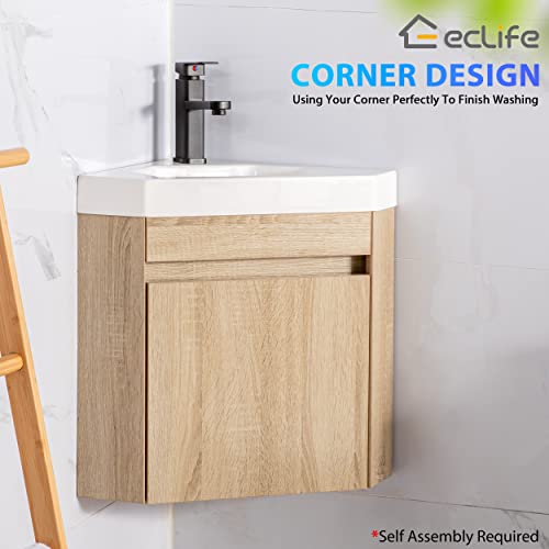 eclife 22" Corner Bathroom Vanity Sink Combo for Small Space Wall Mounted Floating Cabinet with White Resin Sink and Matte Black Faucet, Oak