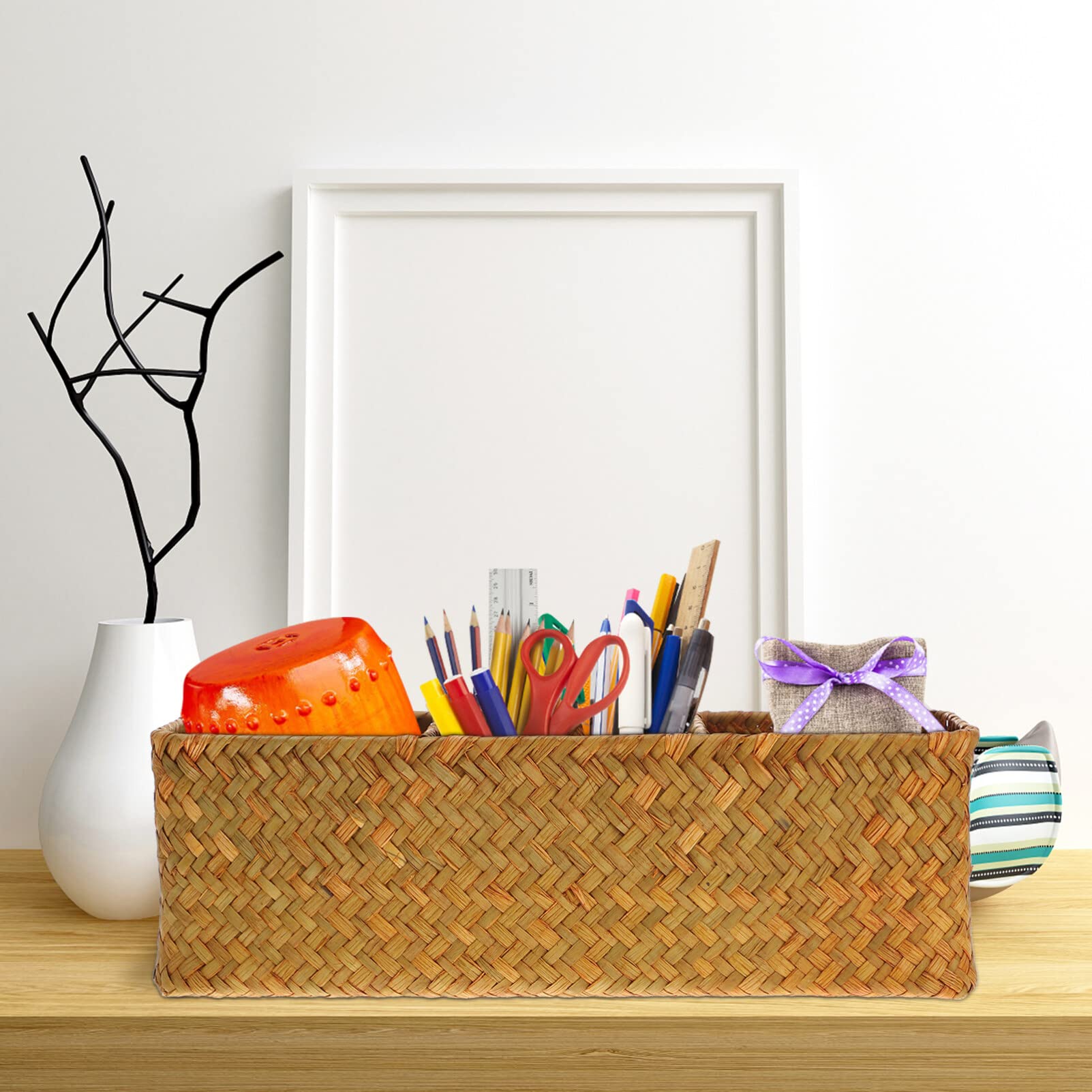 Seagrass Storage Basket 3 Divided Handmade Wicker Basket Organizer Tea Bag Sugar Packet Holder for Coffee Pods Snack Bathroom Paper Coffee