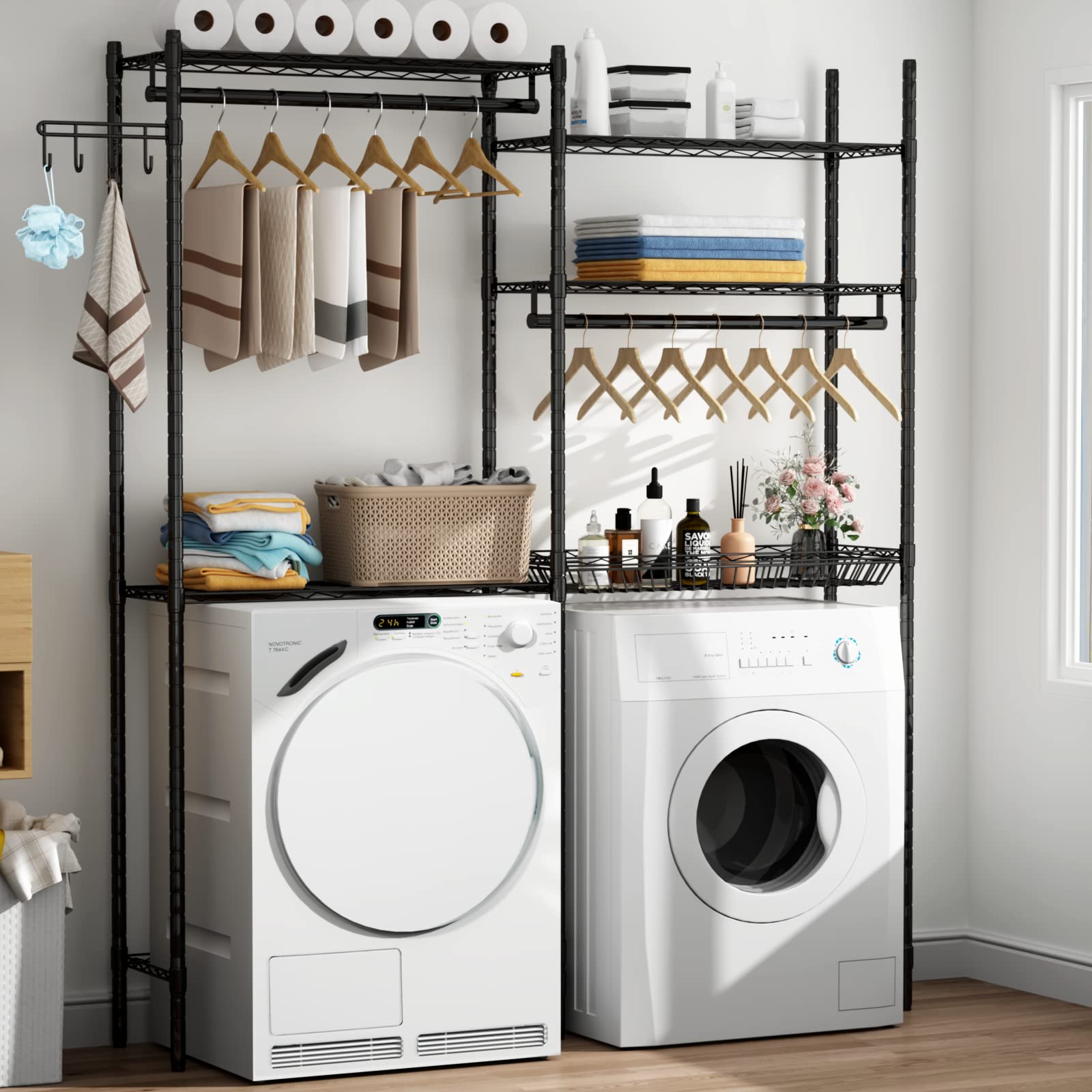 Loomie Over The Washer and Dryer Storage Shelf, Laundry Room Organization Shelves, 5 Tiers Adjustable Height Shelving,Bathroom Space Saving Drying Organizers Rack with Wire Basket,Haning Hook & 2 Rods
