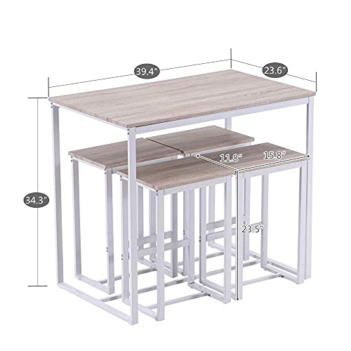 SSLine 5-Piece Bar Table and Chair Set,Modern Industrial Pub Bar Dining Table Set Wood Kitchen Table Set,Counter Height Dining Set with 4 Stools (Oak White)
