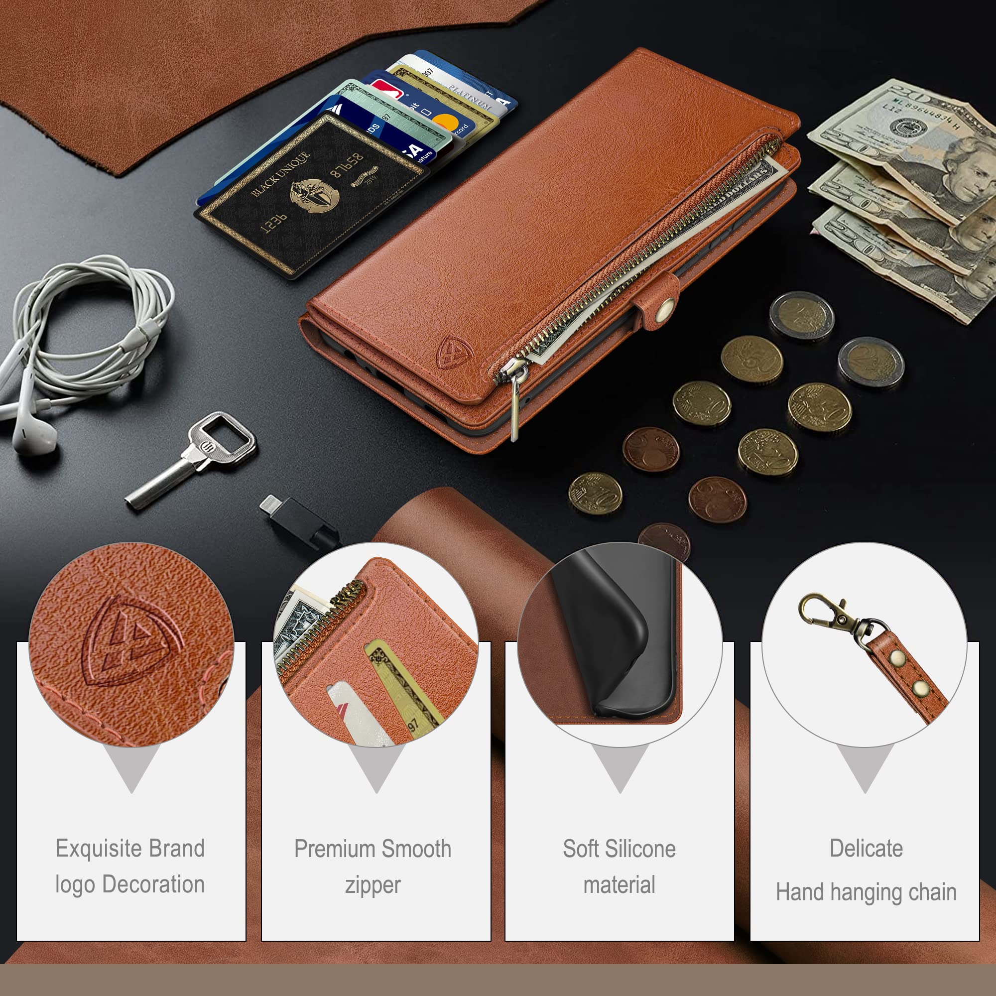 XcaseBar for Samsung Galaxy S21 Ultra Wallet case with Zipper Credit Card Holder【RFID Blocking】, Flip Folio Book PU Leather Phone case Shockproof Cover Women Men for Samsung S21Ultra case Light Brown