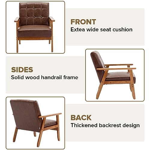 Ufurpie Mid Century Modern Arm Chair with Wood Frame,PU Leather Reading Armchair,Accent Chair for Living Room Bedroom Reading,Easy Assembly,Brown