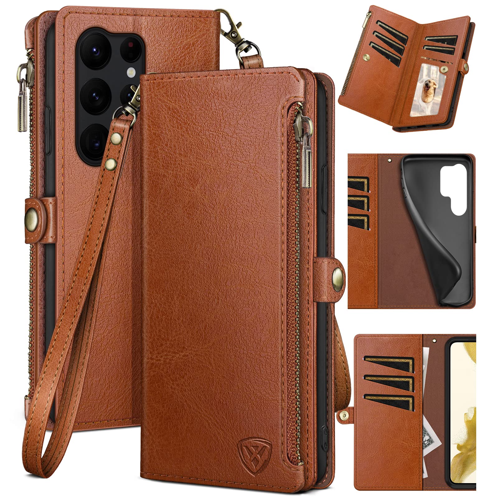 XcaseBar for Samsung Galaxy S21 Ultra Wallet case with Zipper Credit Card Holder【RFID Blocking】, Flip Folio Book PU Leather Phone case Shockproof Cover Women Men for Samsung S21Ultra case Light Brown