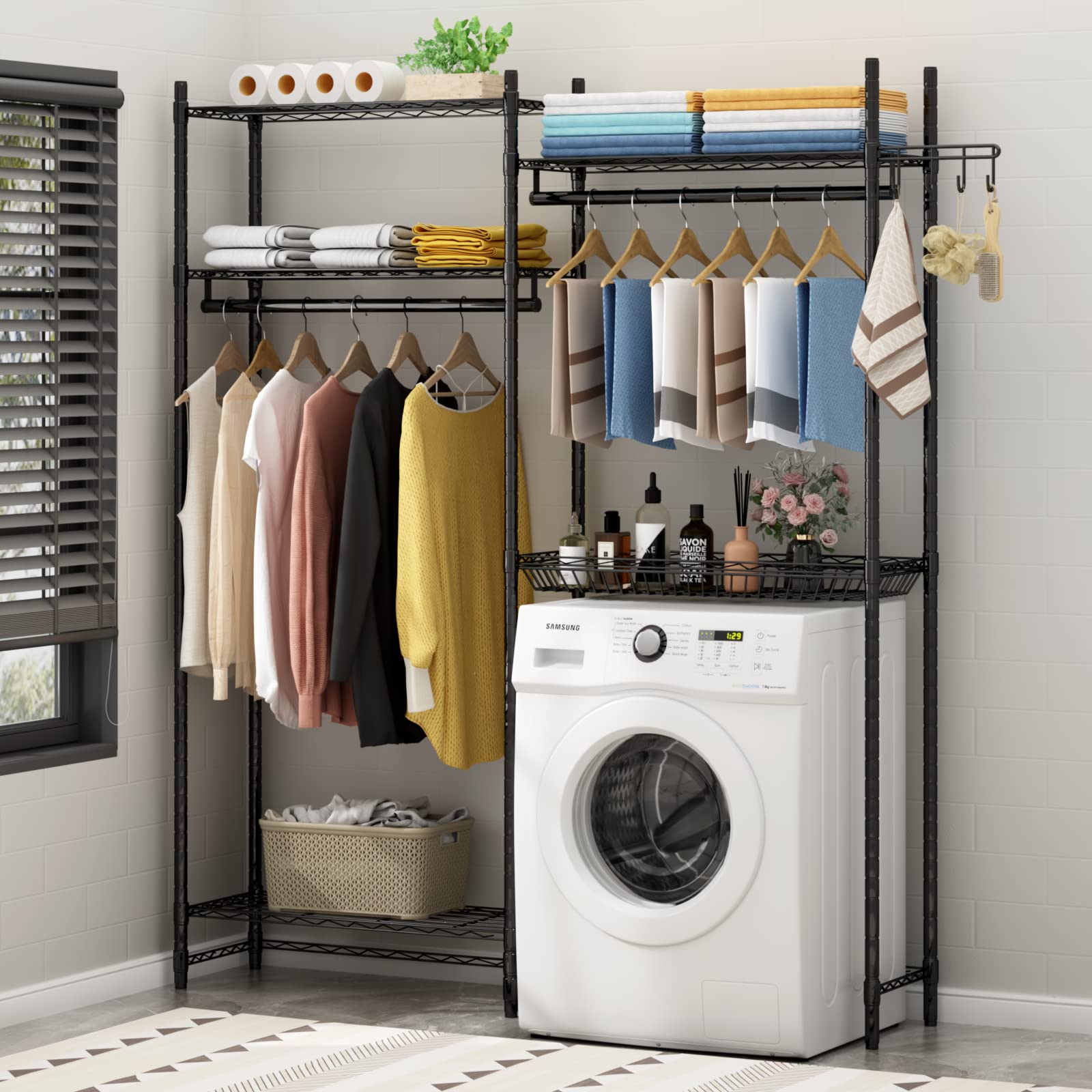 Loomie Over The Washer and Dryer Storage Shelf, Laundry Room Organization Shelves, 5 Tiers Adjustable Height Shelving,Bathroom Space Saving Drying Organizers Rack with Wire Basket,Haning Hook & 2 Rods