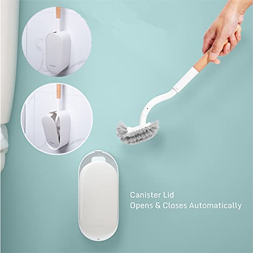Kpoooku Toilet Brush with Holder,Curved Design Angled Clean Tool with Wood Handle,Wall Mounted Toilet Brushes Set for Bathroom
