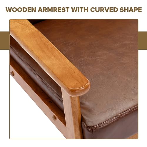 Ufurpie Mid Century Modern Arm Chair with Wood Frame,PU Leather Reading Armchair,Accent Chair for Living Room Bedroom Reading,Easy Assembly,Brown