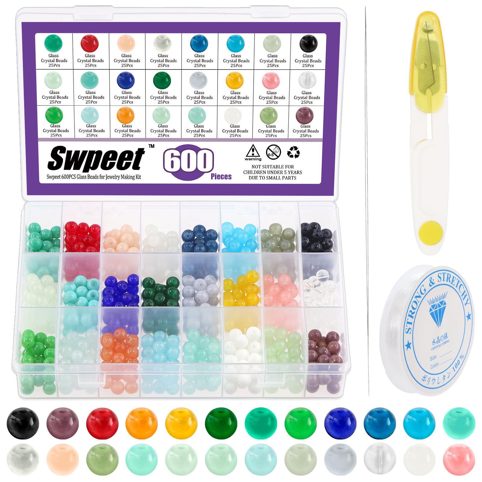 Swpeet 603Pcs 24 Colors Glass Round Beads Set for Jewelry Making, 8mm Glass Beads Bracelet Making Kit, Including Beads, Scissors, Elastic Strings Cord, Beading Needles for DIY Bracelet Necklace