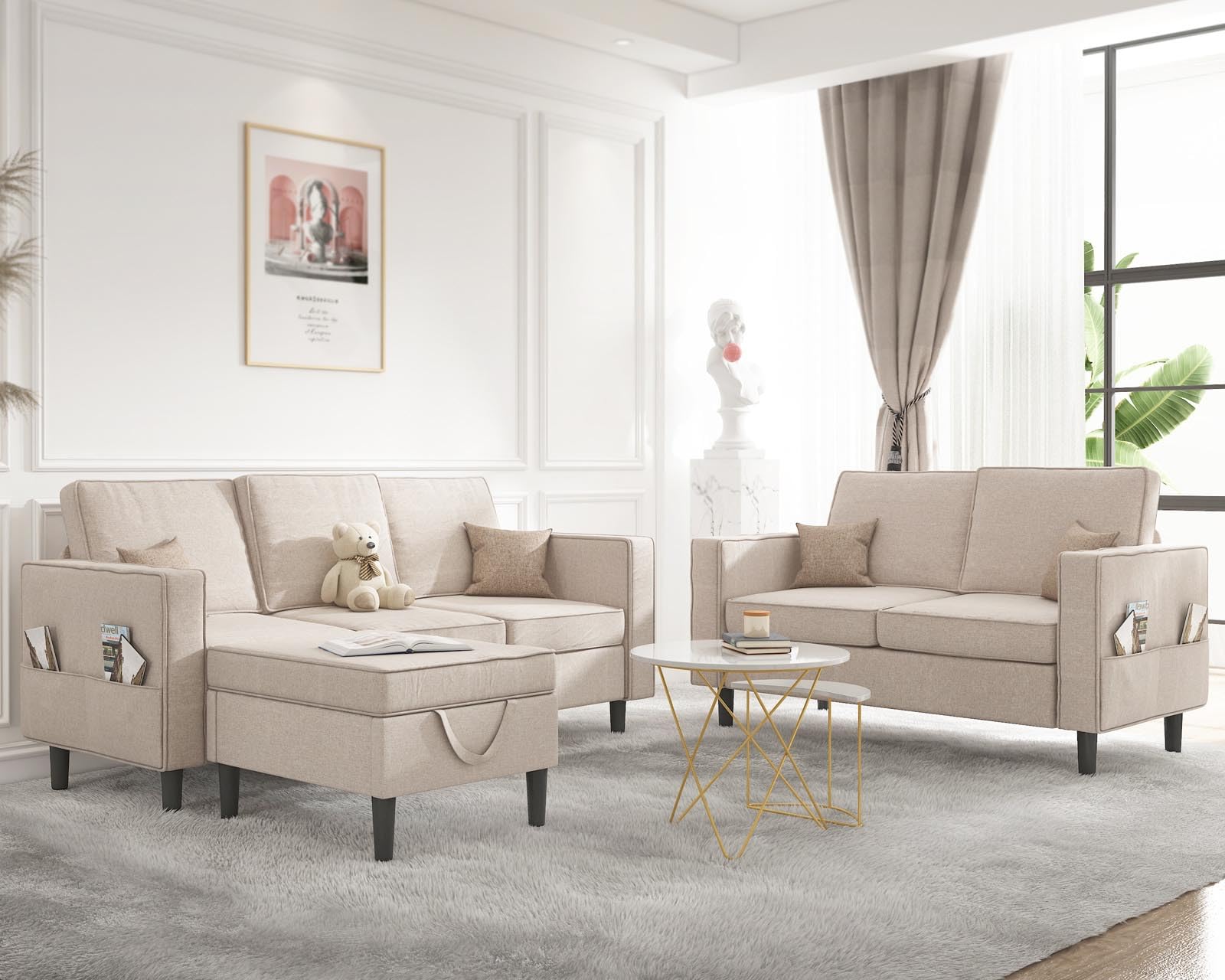 Mjkone 3 Pcs Sectional Sofa Couch Set with Solid Wooden Legs, Modern Couch Sets with Storage Ottoman, Sofa and Loveseat Set with 8 Side Pockets, Living Room Furniture Set for Living Room (Beige)