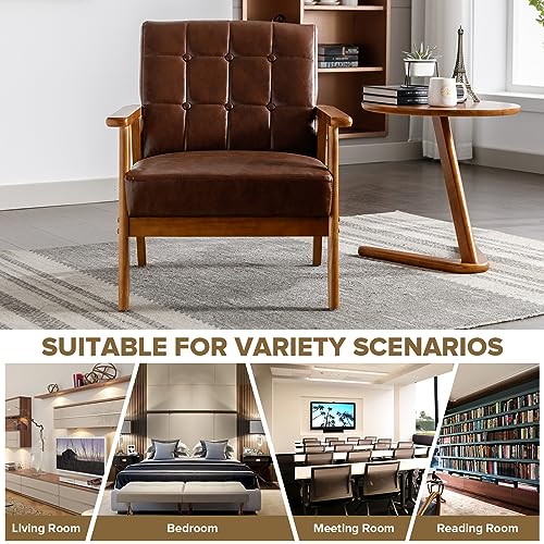 Ufurpie Mid Century Modern Arm Chair with Wood Frame,PU Leather Reading Armchair,Accent Chair for Living Room Bedroom Reading,Easy Assembly,Brown