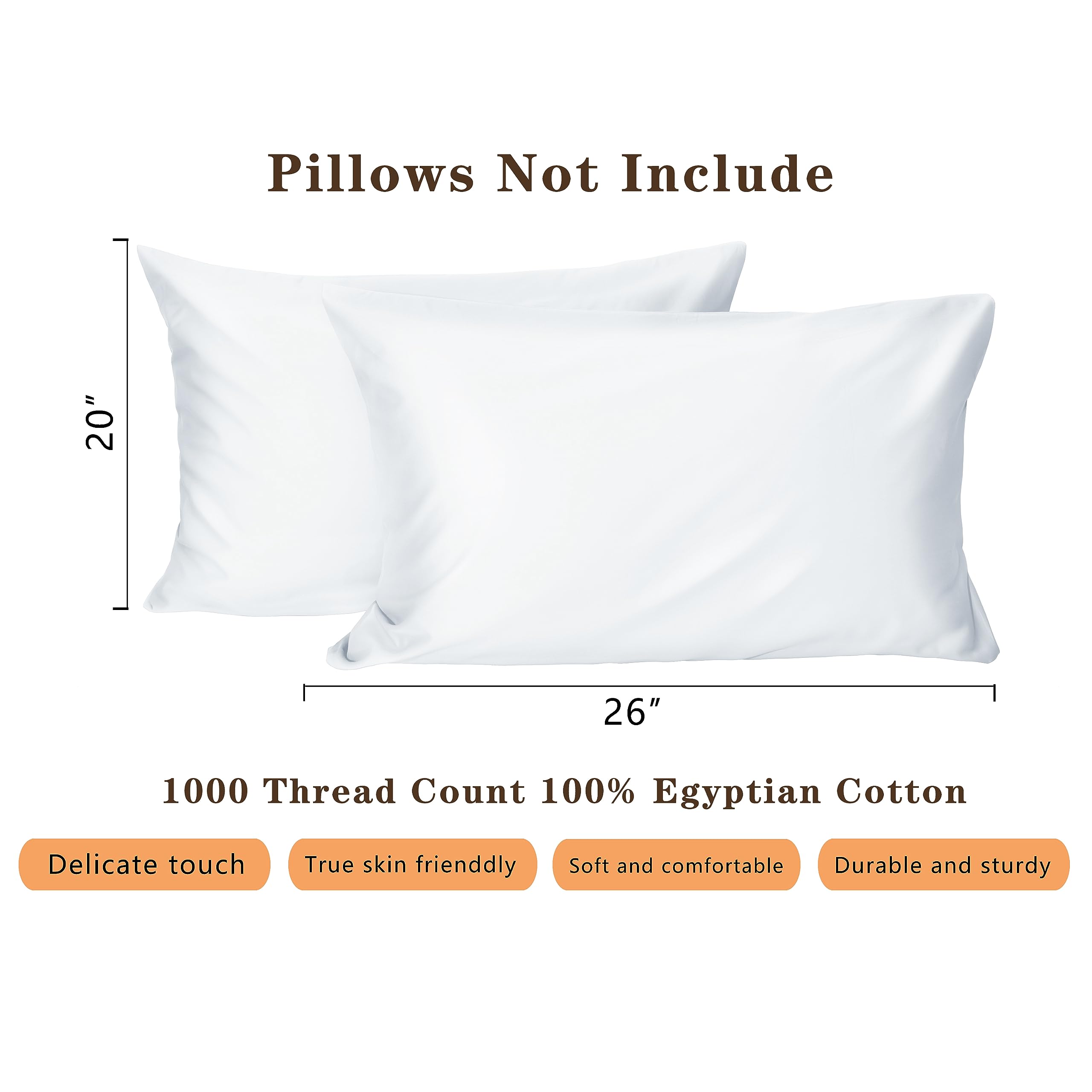 1000 Thread Count 100% Egyptian Cotton Pillowcases for Sleeping,Satin Pattern White, Envelope Closure Pillowcase Silk Soft Bed Pillow Cover(2 Pcs Standard 20"x26", White)…