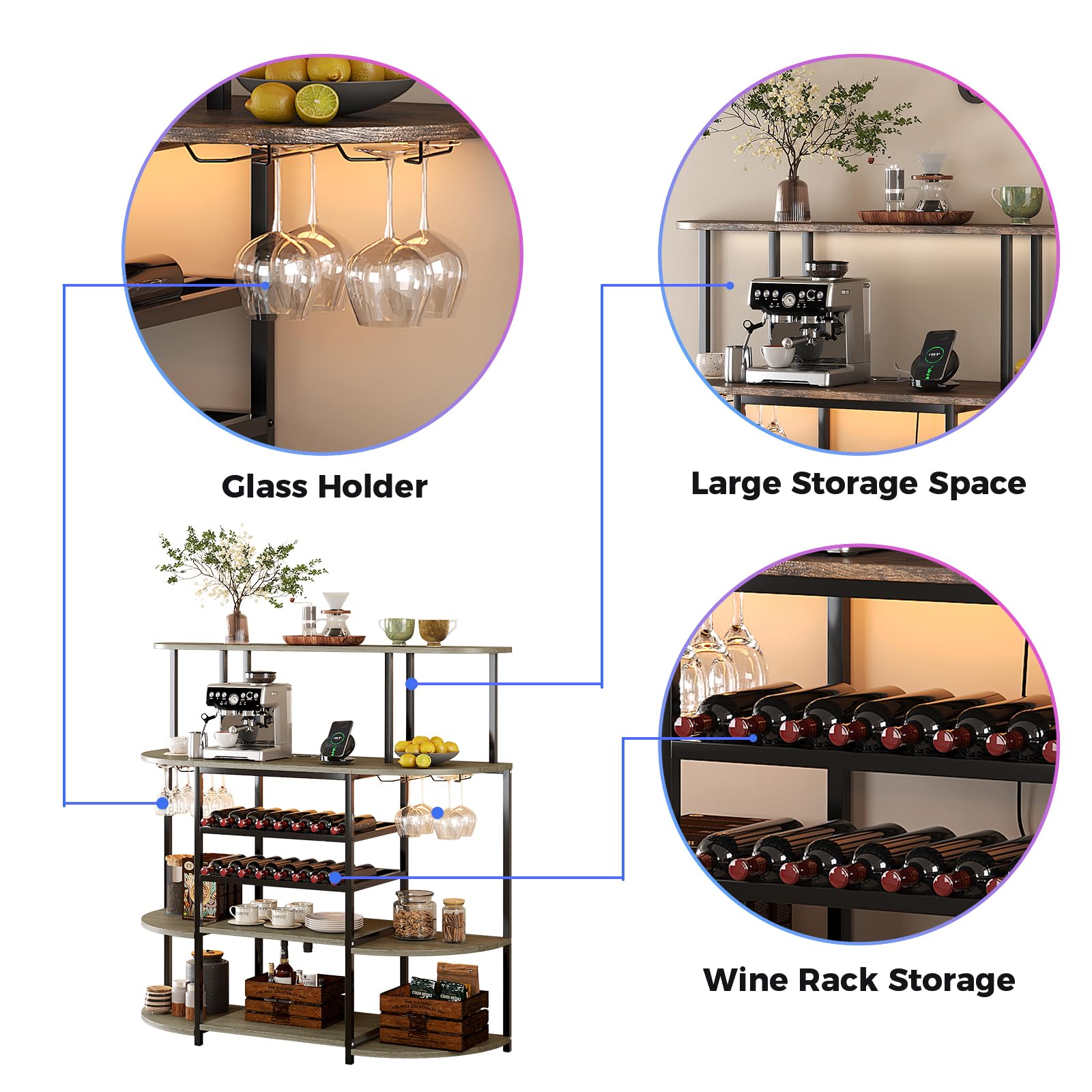 WASAGUN 6-Tier Coffee Bar Cabinet with Power Outlet & RGB LED, Wine Bar Cabinet for Home, Coffee Bar Cabinet Table with Wine Rack & Storage, Liquor Bar Cabinet for Dining Room