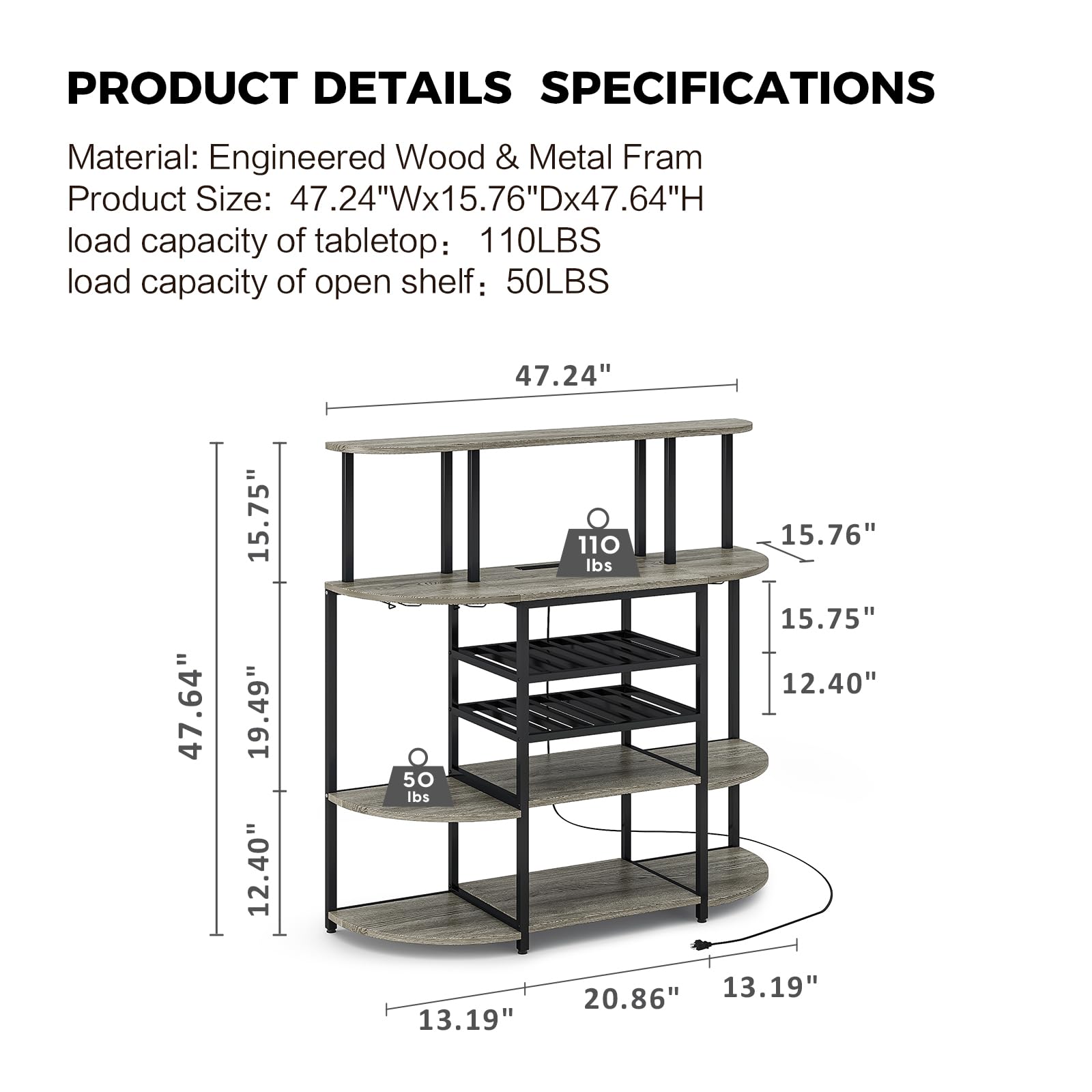 WASAGUN 6-Tier Coffee Bar Cabinet with Power Outlet & RGB LED, Wine Bar Cabinet for Home, Coffee Bar Cabinet Table with Wine Rack & Storage, Liquor Bar Cabinet for Dining Room