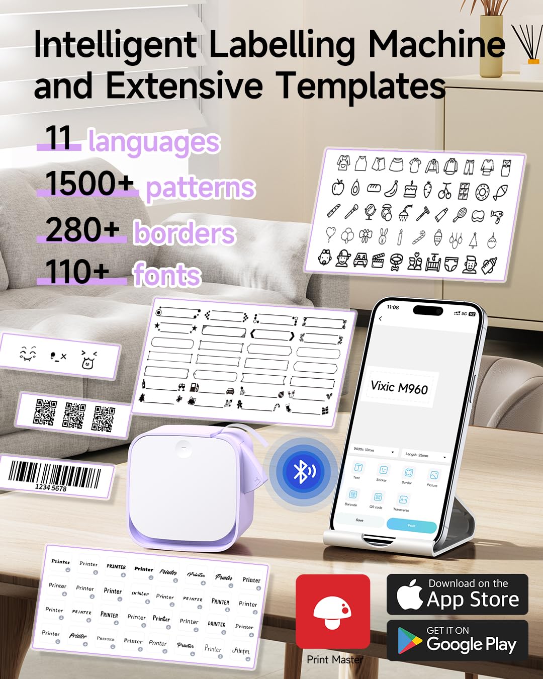 Vixic Bluetooth Label Maker Machine with Tape, Small Label Printer, M960 Label Sticker Portable Printer for 9mm, 12mm Label, Multiple Templates Font Icon for Office, Home, School, Purple