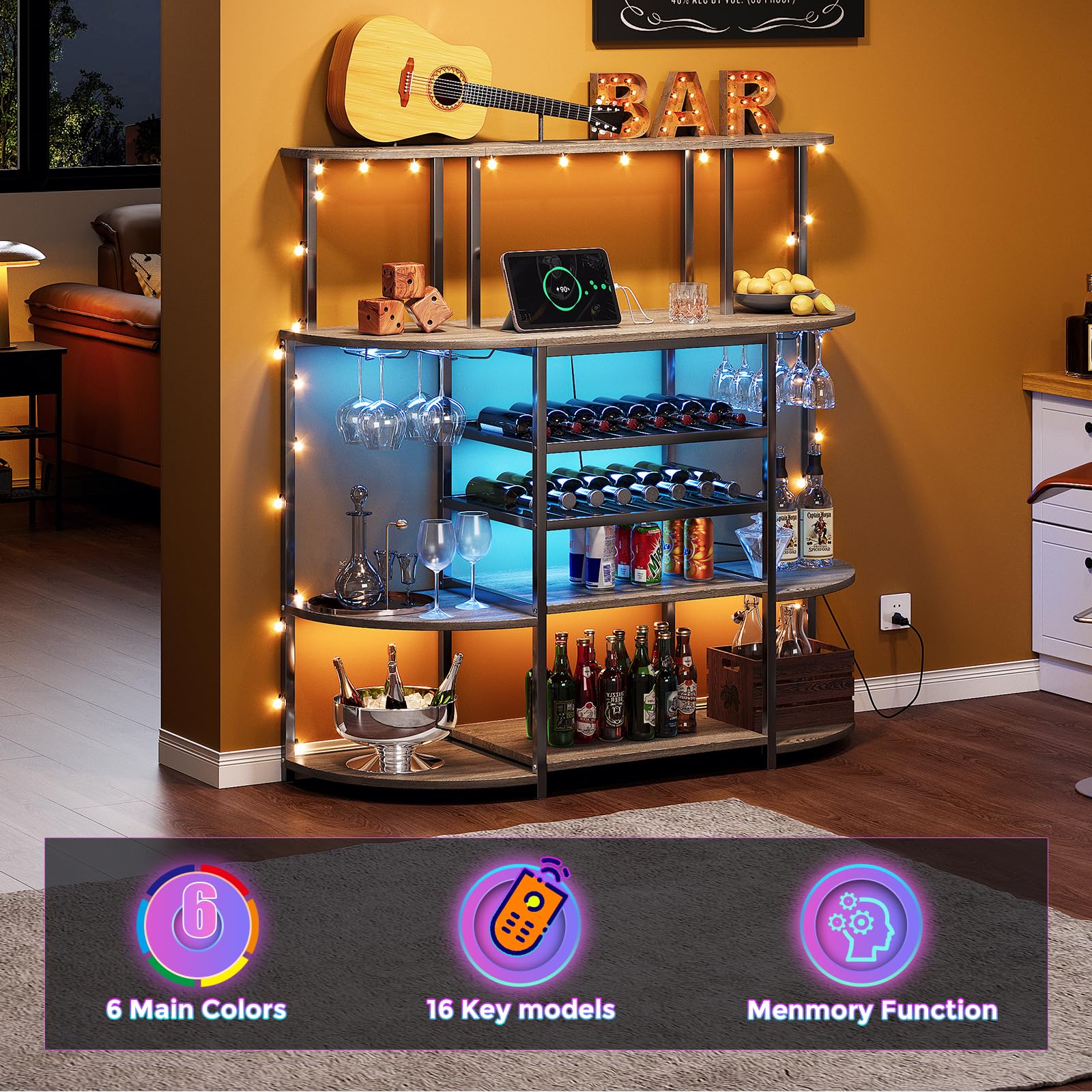WASAGUN 6-Tier Coffee Bar Cabinet with Power Outlet & RGB LED, Wine Bar Cabinet for Home, Coffee Bar Cabinet Table with Wine Rack & Storage, Liquor Bar Cabinet for Dining Room