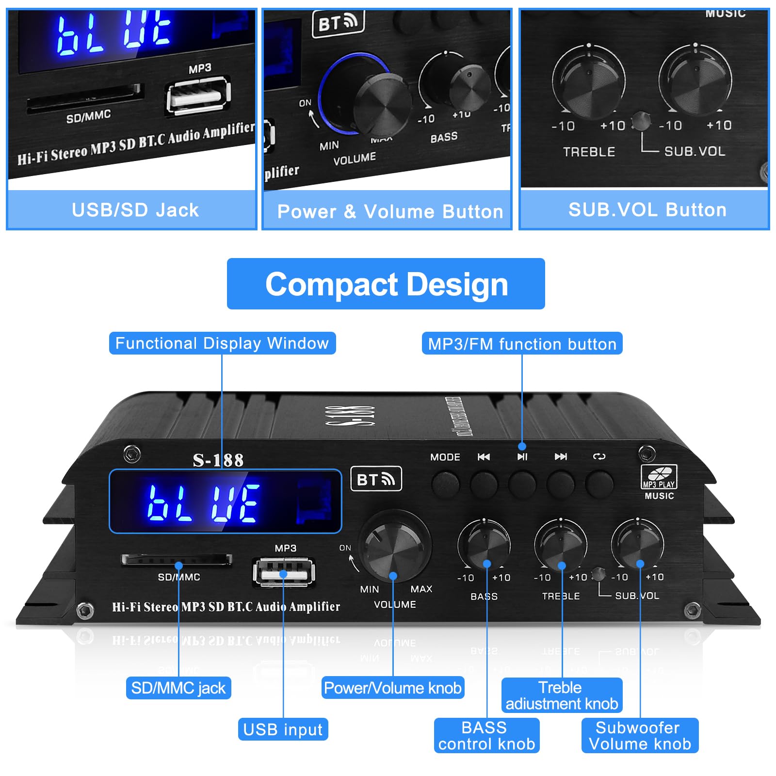 Bluetooth Audio Power Amplifier S188 2.1CH 40Wx2+50W Output Hi-Fi Subwoofer Amplifier Integrated Mini Stereo Amp Receiver W/USB,AUX,Remote Control for Home Car Speakers