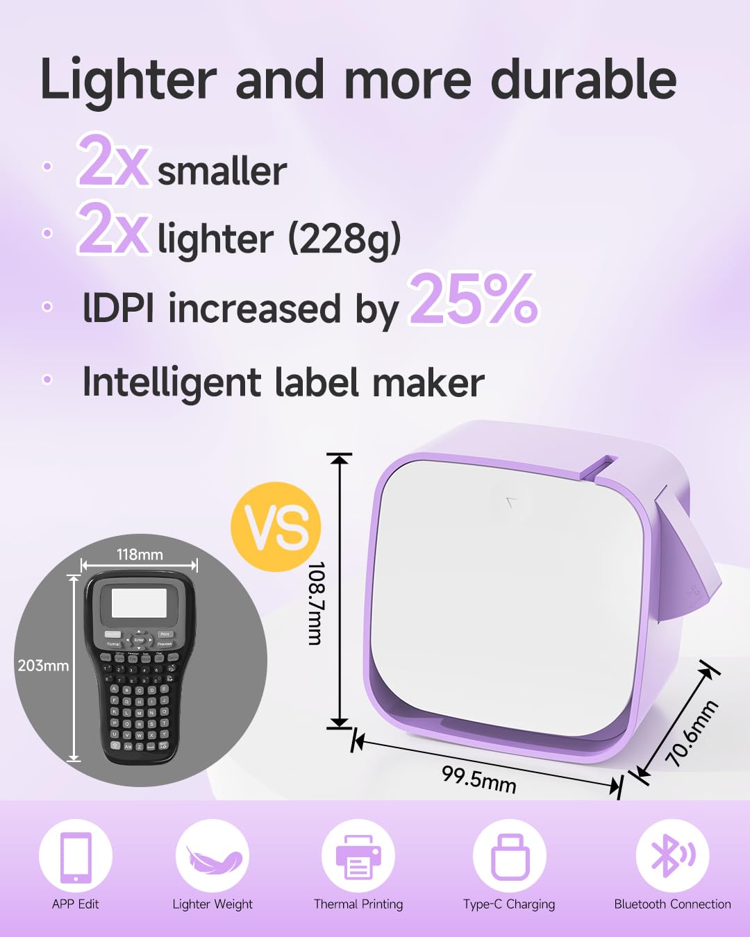 Vixic Bluetooth Label Maker Machine with Tape, Small Label Printer, M960 Label Sticker Portable Printer for 9mm, 12mm Label, Multiple Templates Font Icon for Office, Home, School, Purple