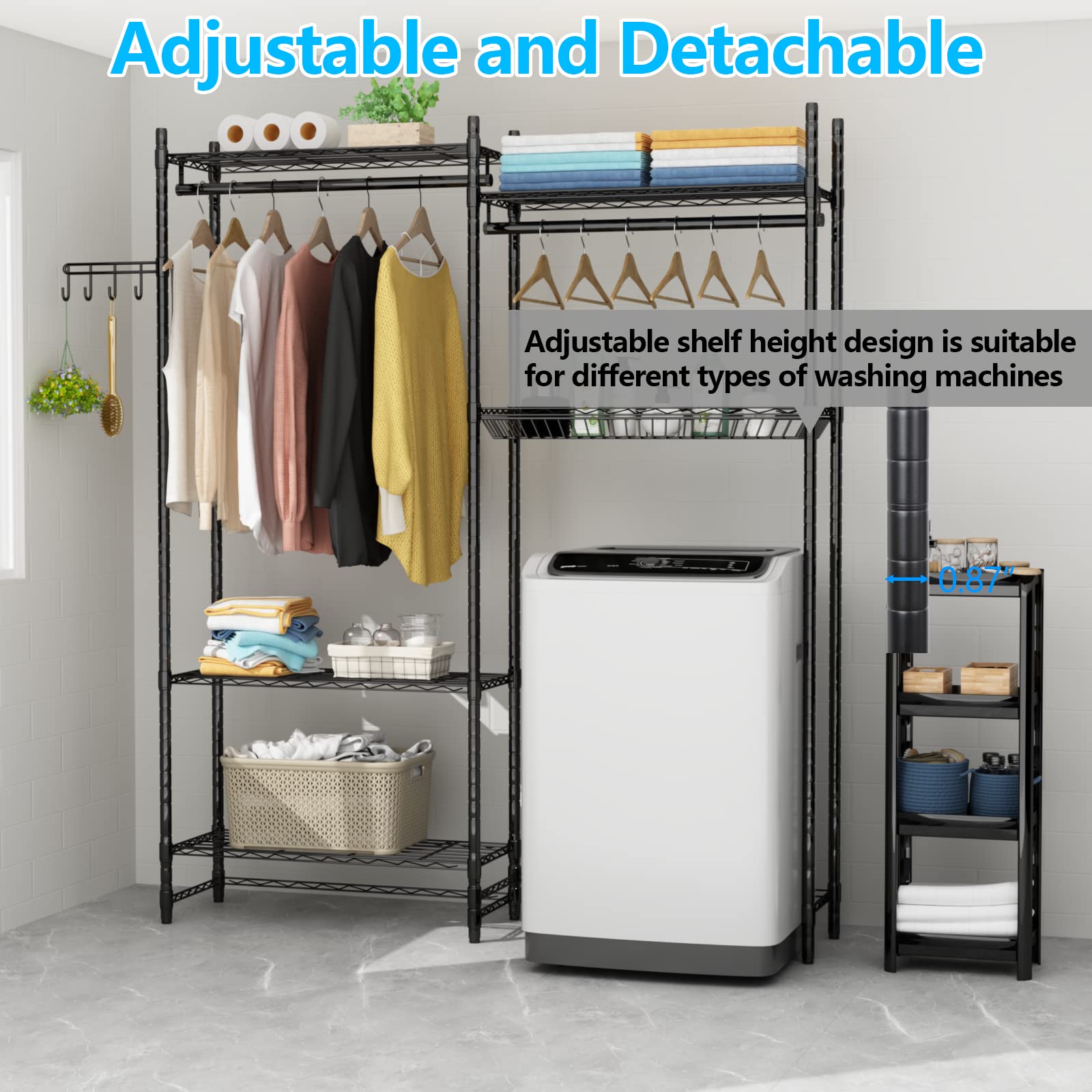 Loomie Over The Washer and Dryer Storage Shelf, Laundry Room Organization Shelves, 5 Tiers Adjustable Height Shelving,Bathroom Space Saving Drying Organizers Rack with Wire Basket,Haning Hook & 2 Rods