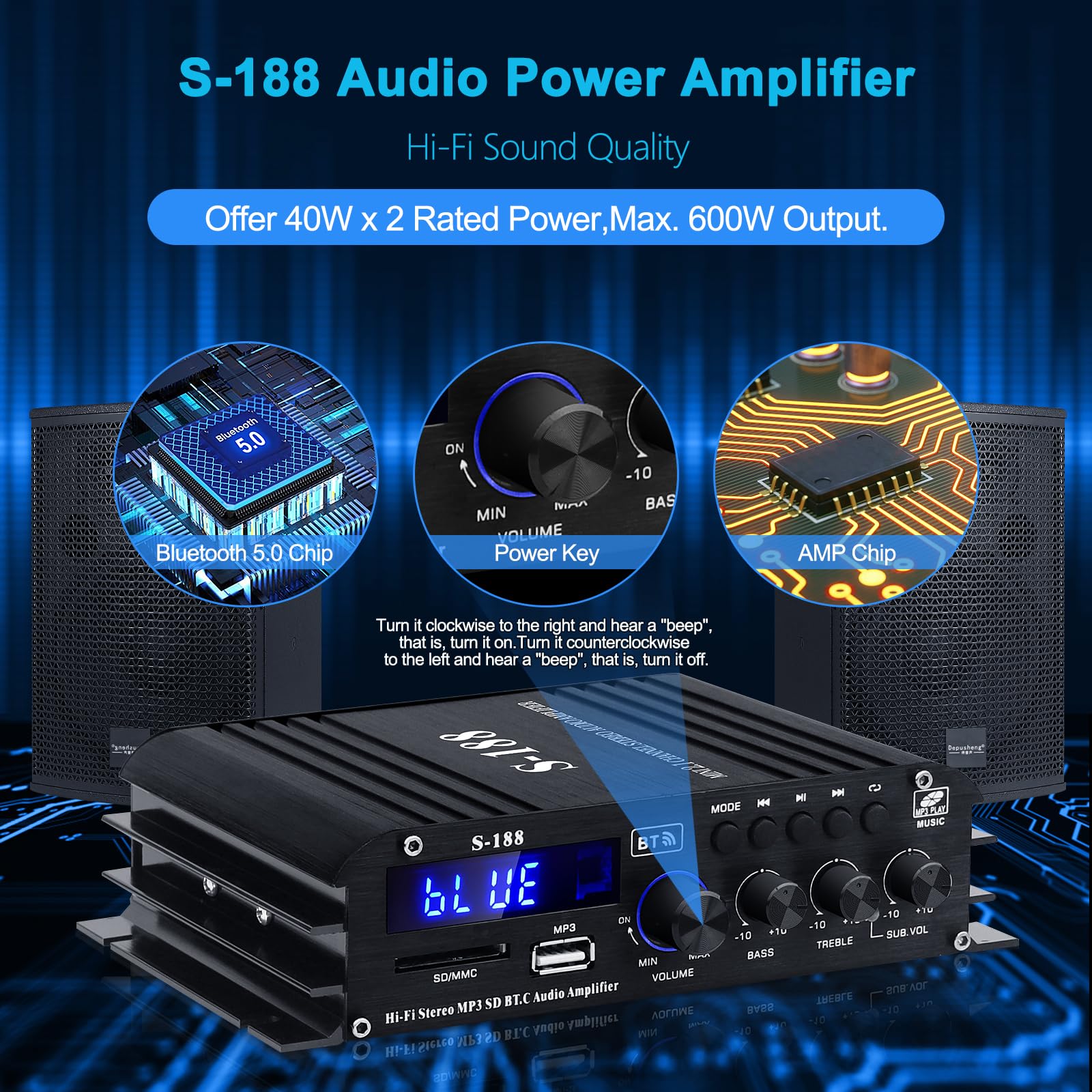 Bluetooth Audio Power Amplifier S188 2.1CH 40Wx2+50W Output Hi-Fi Subwoofer Amplifier Integrated Mini Stereo Amp Receiver W/USB,AUX,Remote Control for Home Car Speakers