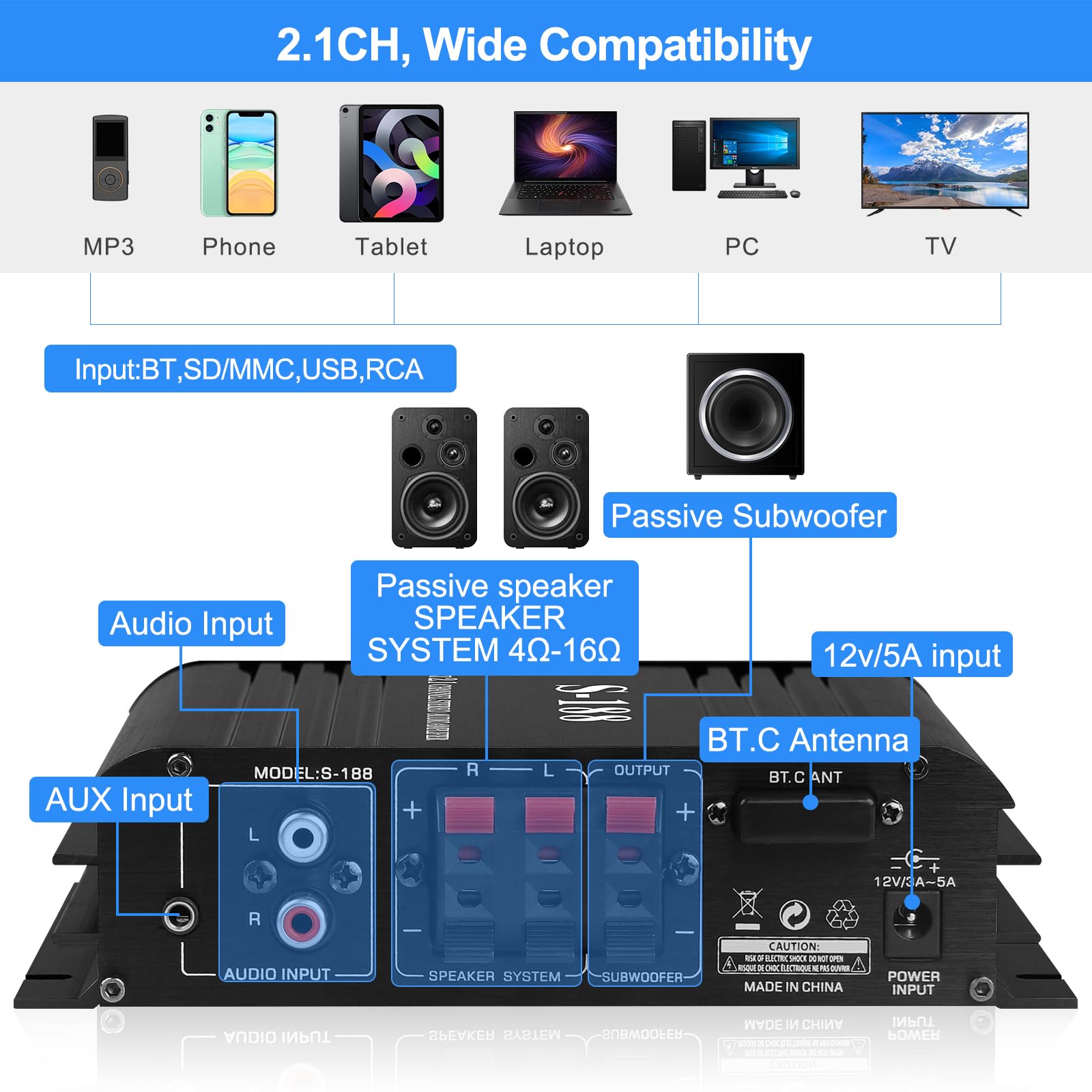 Bluetooth Audio Power Amplifier S188 2.1CH 40Wx2+50W Output Hi-Fi Subwoofer Amplifier Integrated Mini Stereo Amp Receiver W/USB,AUX,Remote Control for Home Car Speakers