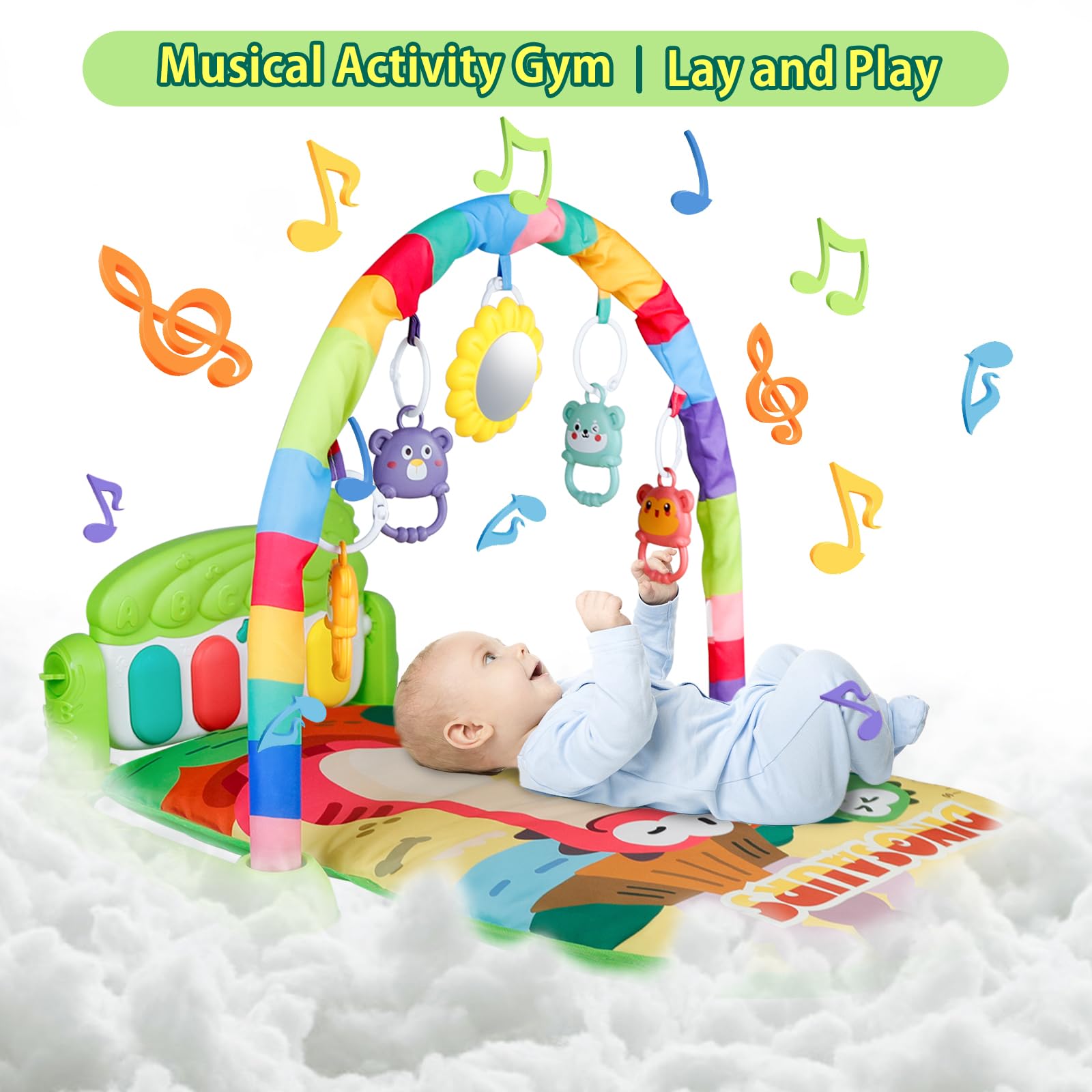 BIBIELF Baby Play Mat, Kick Play Piano Activity Gym Mat with Musical Light Activity Center & Play Piano, Baby Early Development Toys Gift for Newborn Infants Toddlers