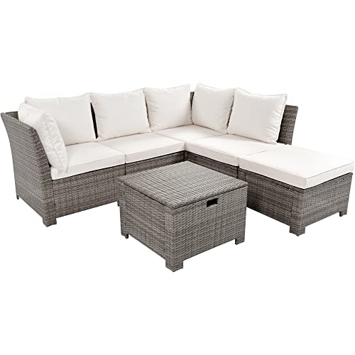 Goohome 6-Piece Patio Outdoor Sofa Set, All-Weather PE Wicker Rattan ConversationalSet Furniture w/2 Corner Sofá, 2 Single Chairs, 1 Storage Table and 1 Ottoman, for Backyard, Garden, Poolside, Deck