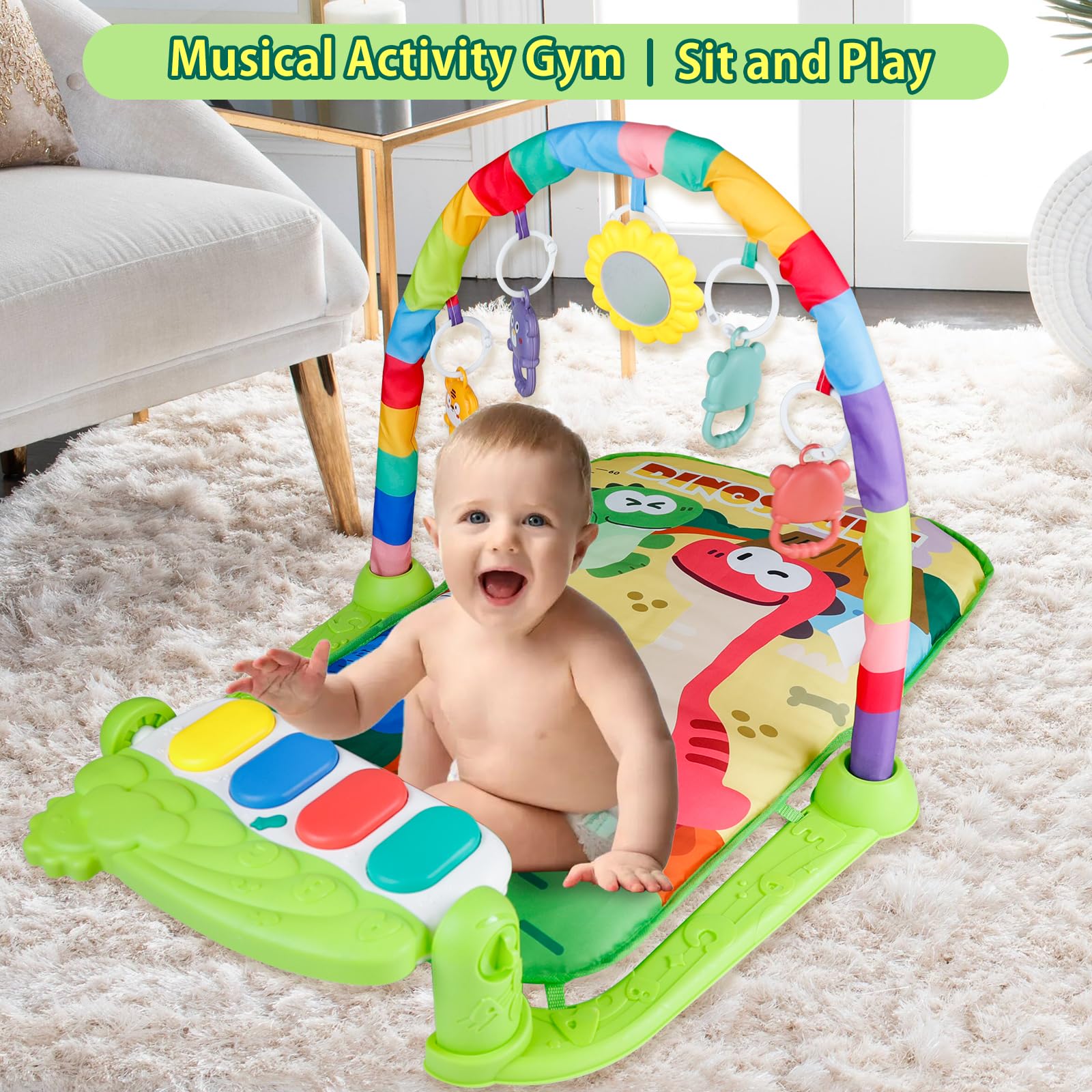 BIBIELF Baby Play Mat, Kick Play Piano Activity Gym Mat with Musical Light Activity Center & Play Piano, Baby Early Development Toys Gift for Newborn Infants Toddlers