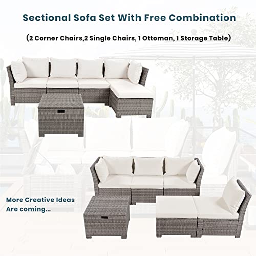 Goohome 6-Piece Patio Outdoor Sofa Set, All-Weather PE Wicker Rattan ConversationalSet Furniture w/2 Corner Sofá, 2 Single Chairs, 1 Storage Table and 1 Ottoman, for Backyard, Garden, Poolside, Deck