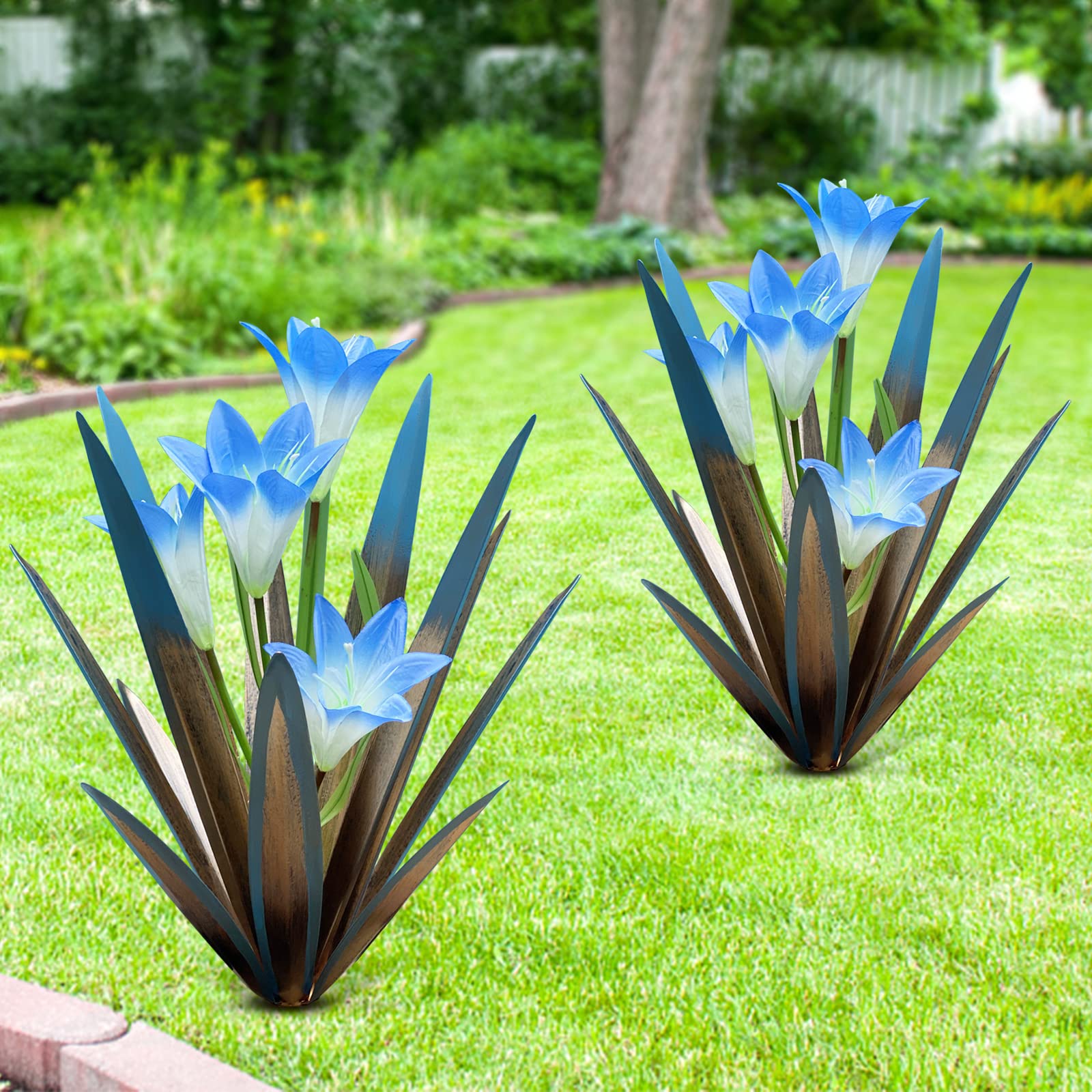 Homight Metal Agave Plant Outdoor Decoration Outdoor Garden Decoration Lily Mexican Yard Art Plant Garden Agave Lily Decorative Garden Gift⦠(2 Big Blue Lilies)