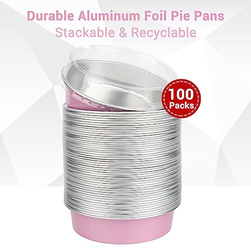 Suice Mini Cake Pans with Lids, 100PCS Disposable Foil Cupcake Baking Cups with Lid, 8oz Light Pink Cupcake Liners with Lids Mini Muffin Pan Cake Tins, Aluminum Creme Brulee Ramekins Dessert Cups