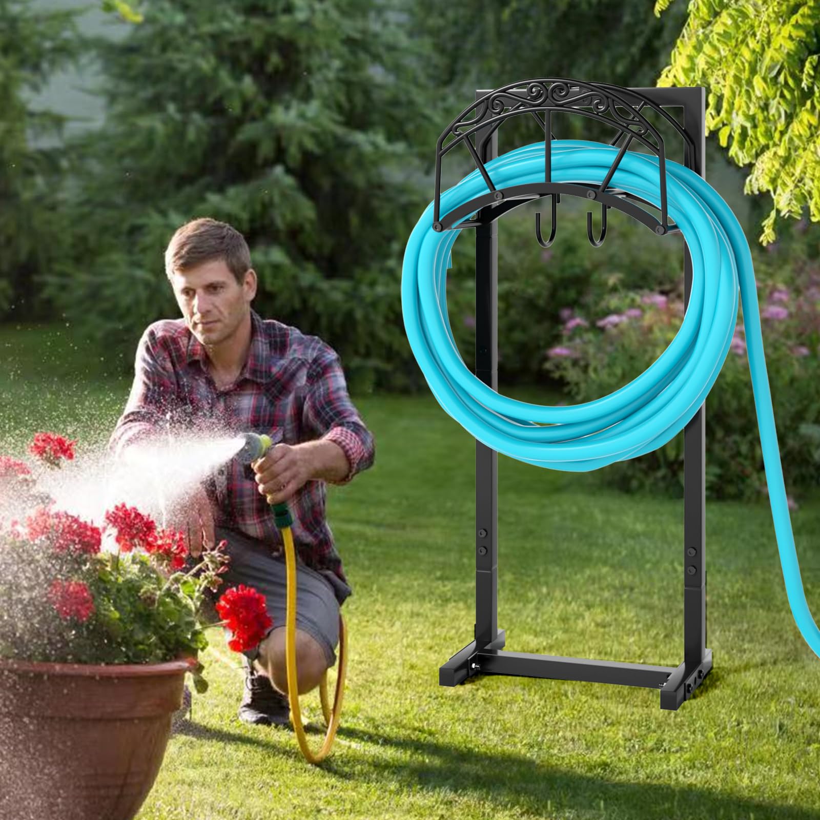 GREENER Freestanding Heavy Duty Hose Holder - Detachable Metal Hanger, Holds 150-feet Hose, Outdoor Yard Lawn Storage Rack