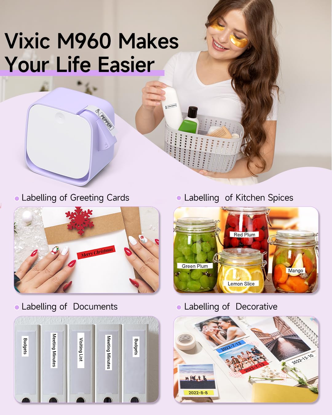 Vixic Bluetooth Label Maker Machine with Tape, Small Label Printer, M960 Label Sticker Portable Printer for 9mm, 12mm Label, Multiple Templates Font Icon for Office, Home, School, Purple