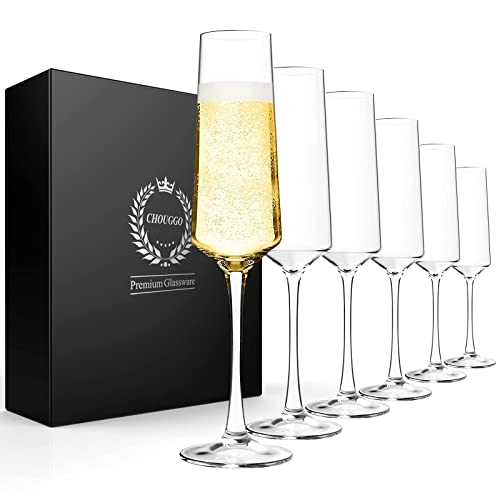 Chouggo Champagne Flutes Glass Set of 6, Hand Blown Glasses - Hand Crafted by Artisans - Premium Crystal - Gift for Birthday, Wedding, Anniversary, Christmas - 8oz, Clear