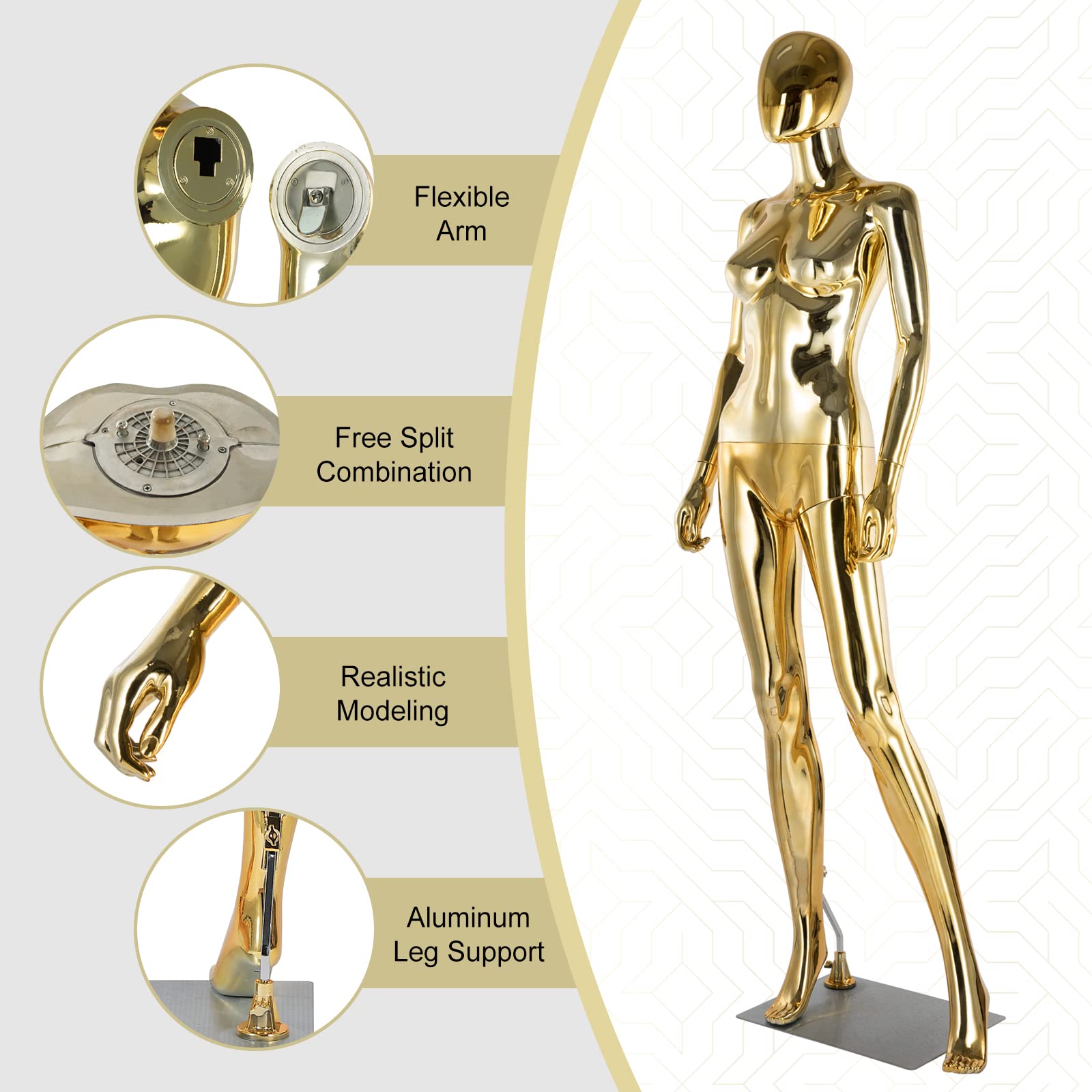 Female Mannequin Dress Full Body - 70'' Mannequin Dress Form Display Full Body Adjustable Realistic Manikin Torso Stand (Golden)
