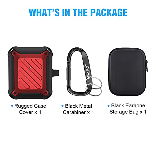Maxjoy for Airpods 2 Case Cover, Airpods Protective Case Rugged Full-Body Hard Shell Shockproof Cover with Keychain Compatible with Apple Airpods 2 1 Charging Case (Front LED Visible), Red