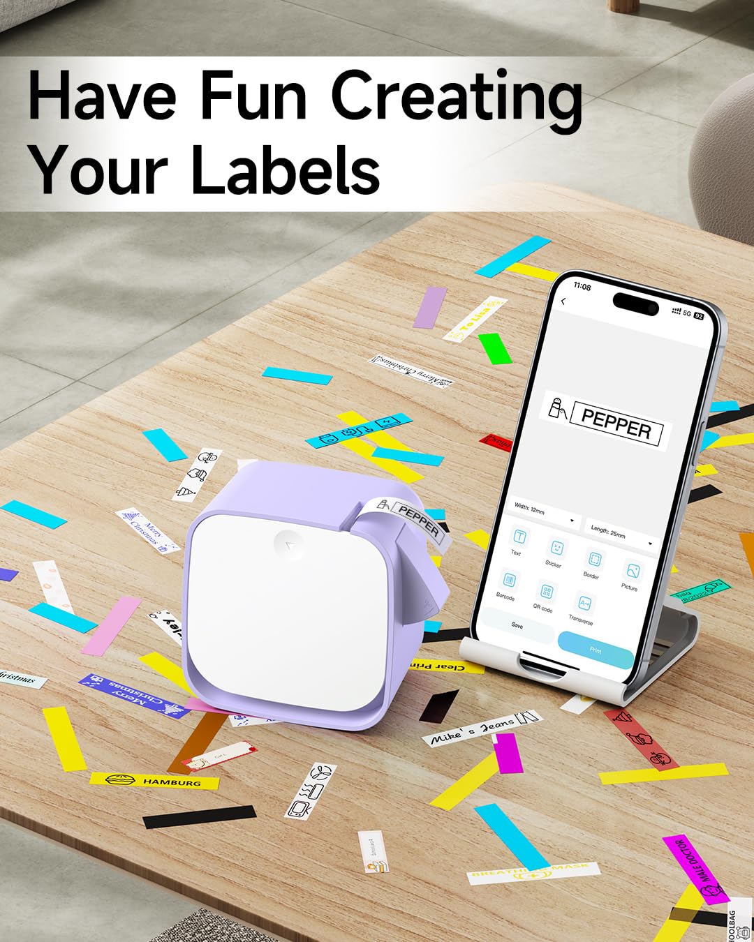 Vixic Bluetooth Label Maker Machine with Tape, Small Label Printer, M960 Label Sticker Portable Printer for 9mm, 12mm Label, Multiple Templates Font Icon for Office, Home, School, Purple