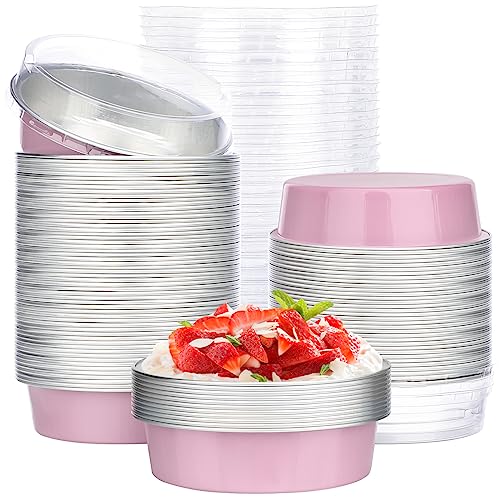 Suice Mini Cake Pans with Lids, 100PCS Disposable Foil Cupcake Baking Cups with Lid, 8oz Light Pink Cupcake Liners with Lids Mini Muffin Pan Cake Tins, Aluminum Creme Brulee Ramekins Dessert Cups