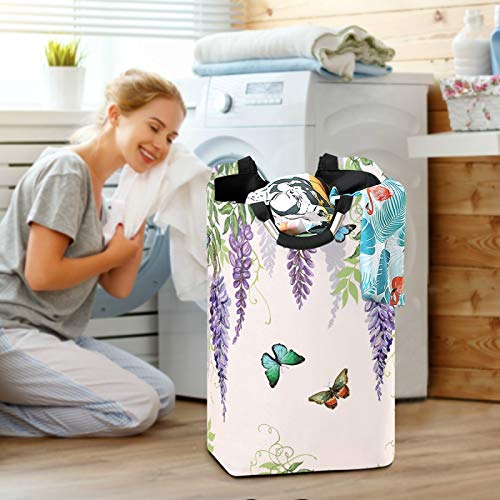 OTVEE Tropical Purple Flowers Butterfly Kids Laundry Basket Folding Laundry Hamper Organizer for Clothes Toy Book Storage