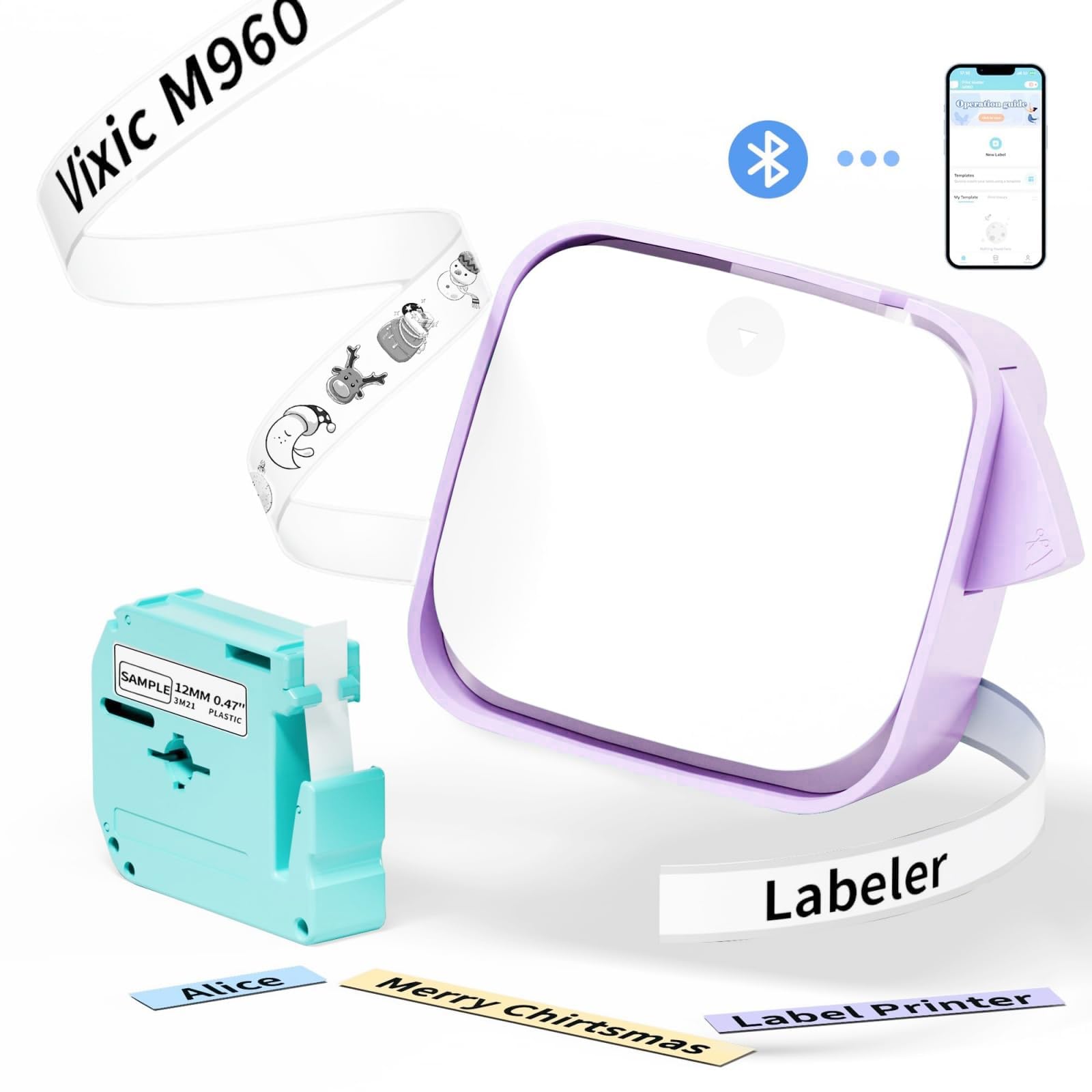 Vixic Bluetooth Label Maker Machine with Tape, Small Label Printer, M960 Label Sticker Portable Printer for 9mm, 12mm Label, Multiple Templates Font Icon for Office, Home, School, Purple