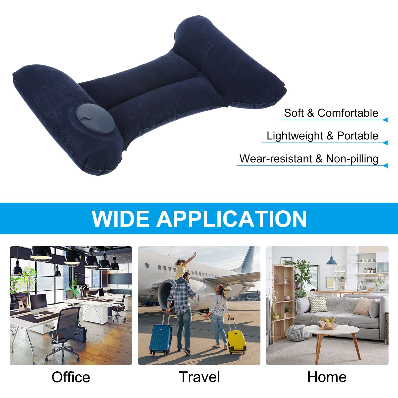 PATIKIL Inflatable Travel Pillow, Lumbar Support Travel Flights Cushion Flocked Air Pillow for Airplane Train Office, Navy Blue