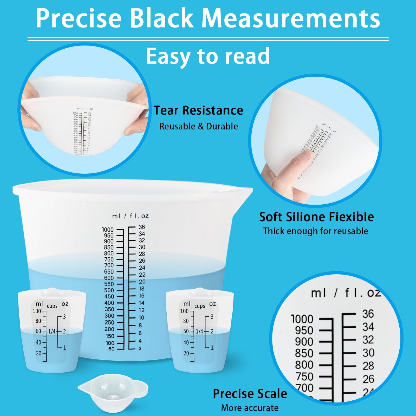 Creahaus 1000ML Large Silicone Measuring Cups for Resin, Easy to Read 36oz Silicone Mixing Bowl with 100ML Silicone Resin Mixing Cup, Easy Clean Reusable Epoxy Resin Supplies with Stir Stick, Pipettes